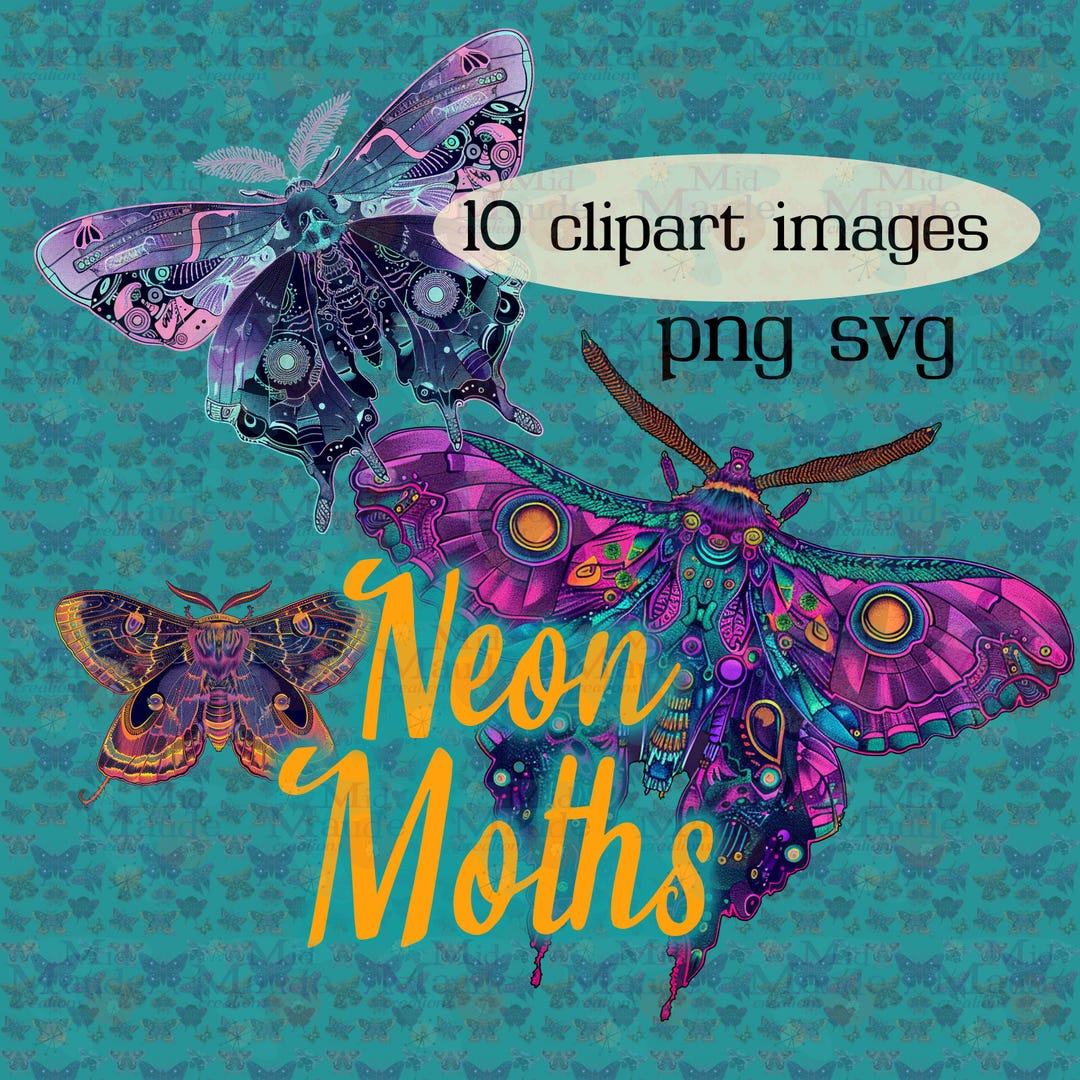 Neon Moths Clipart Series Set of 10 Digital Images Printable Bundle of ...