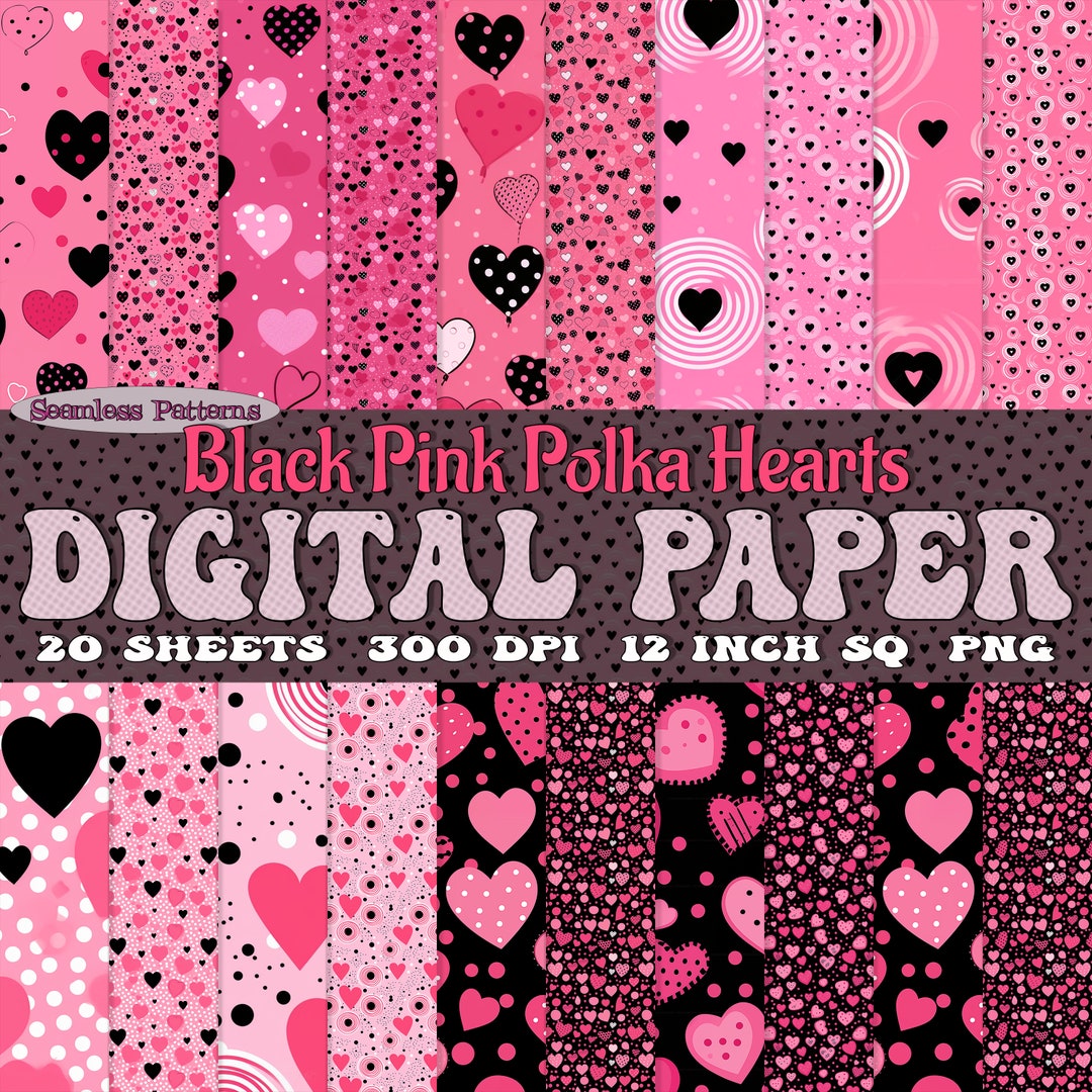 Black & Pink Polka Hearts Valentine's Day Digital Paper Pack of 20 Png ...