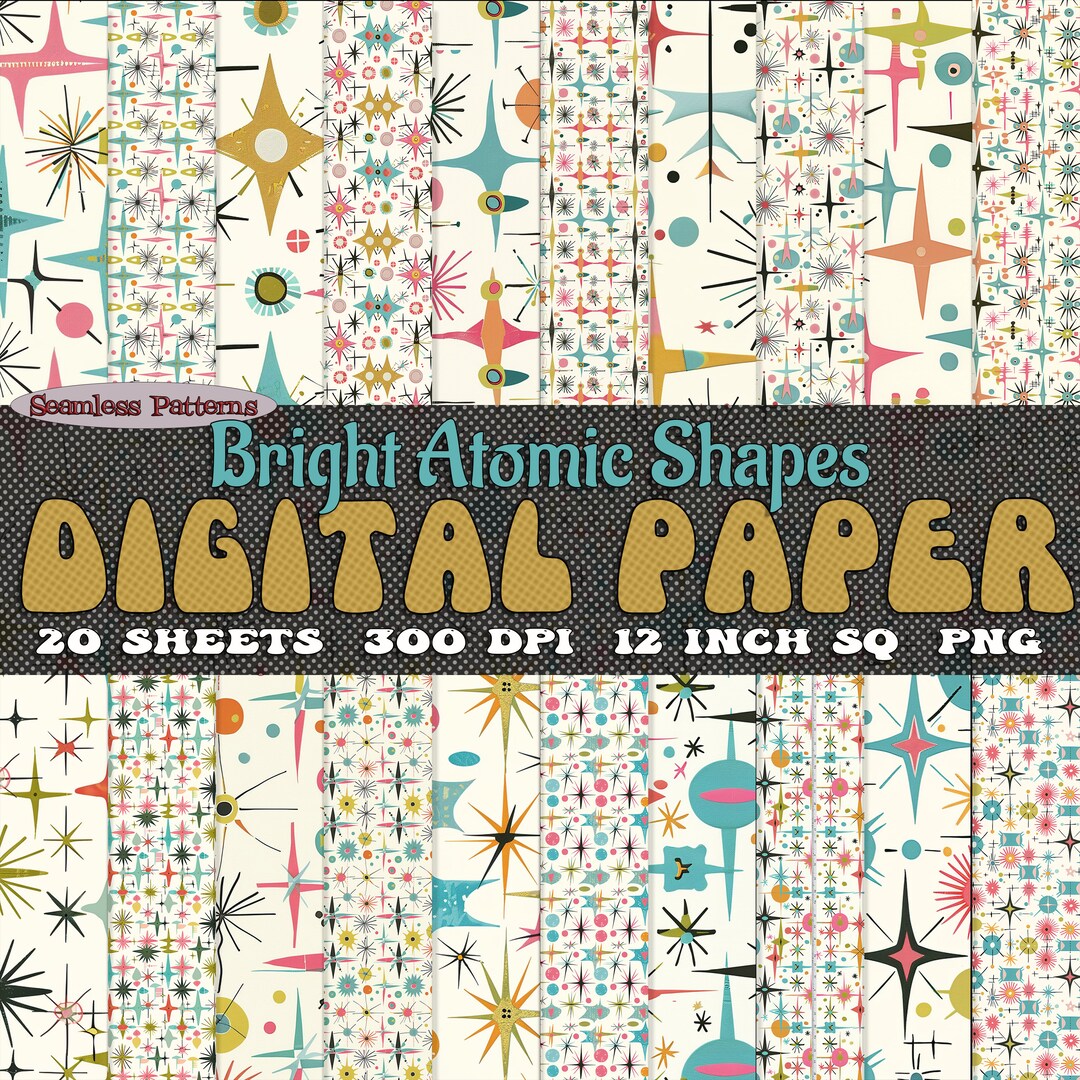 Mid-century Modern Bright Atomic Shapes Digital Paper Set of 20 Retro ...
