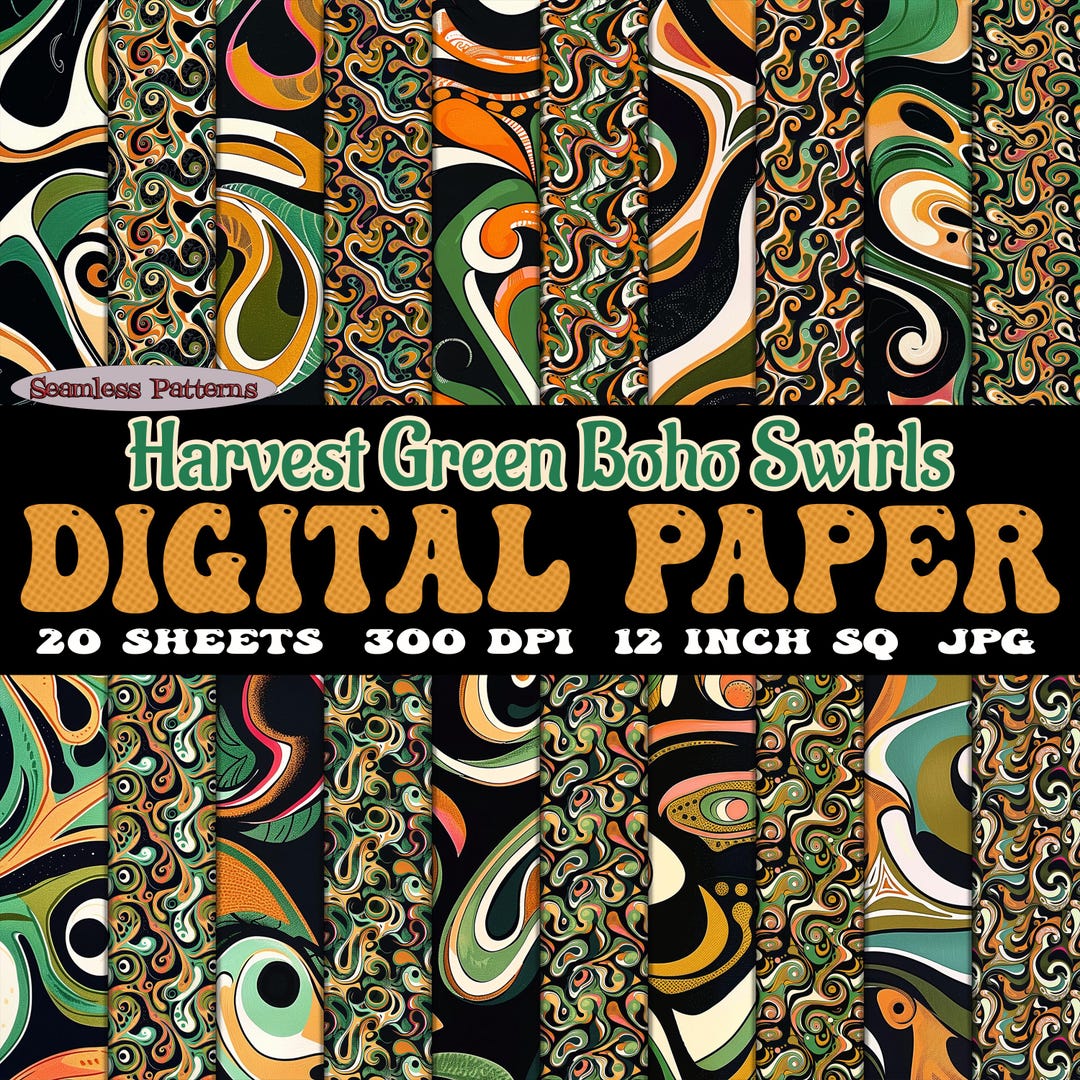 Harvest Green Boho Swirls Digital Paper Seamless Patterns, Set of 20 ...