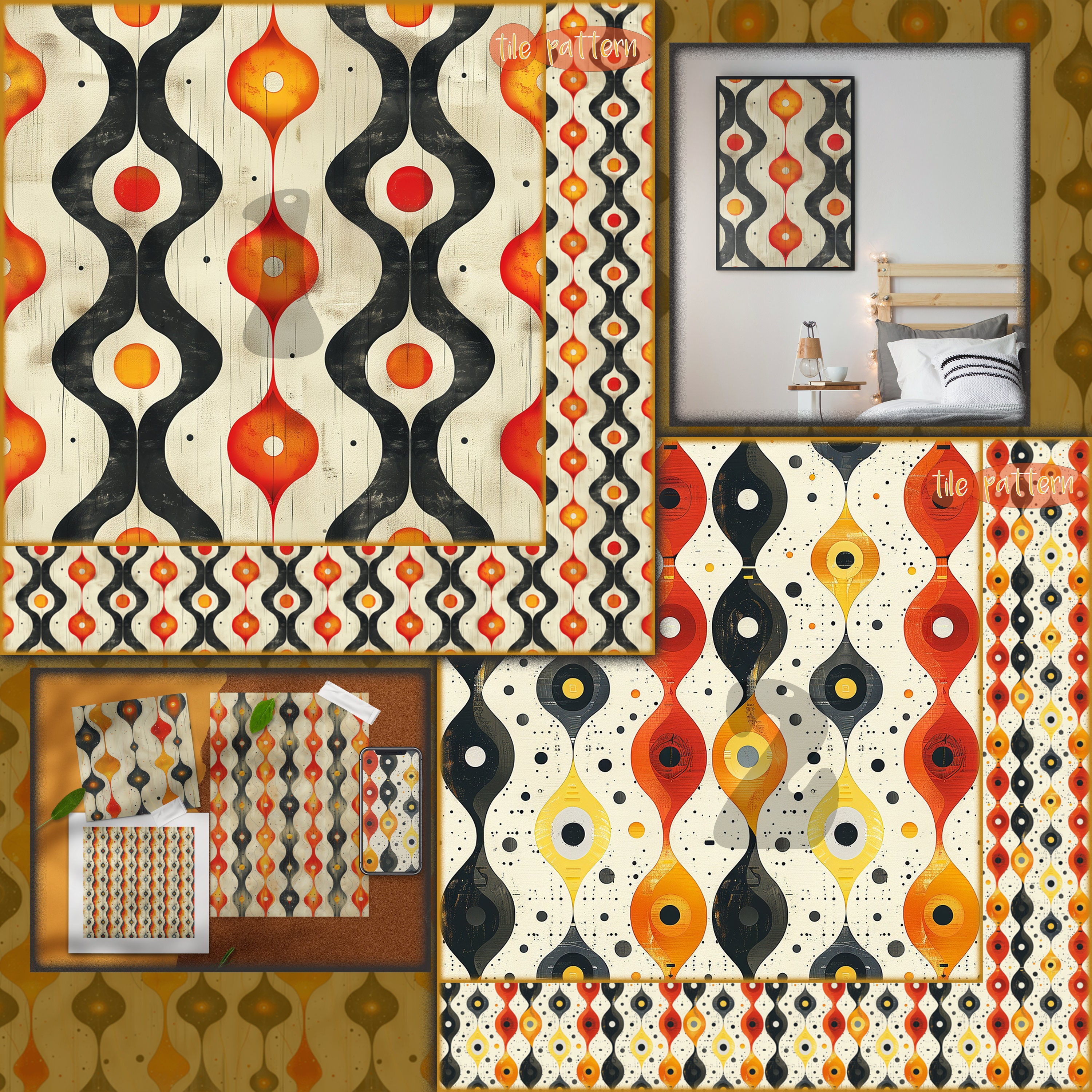 Atomic Curves Mid-century Modern Shapes Set of 20 Sheets of Digital Paper, Downloadable Seamless ...