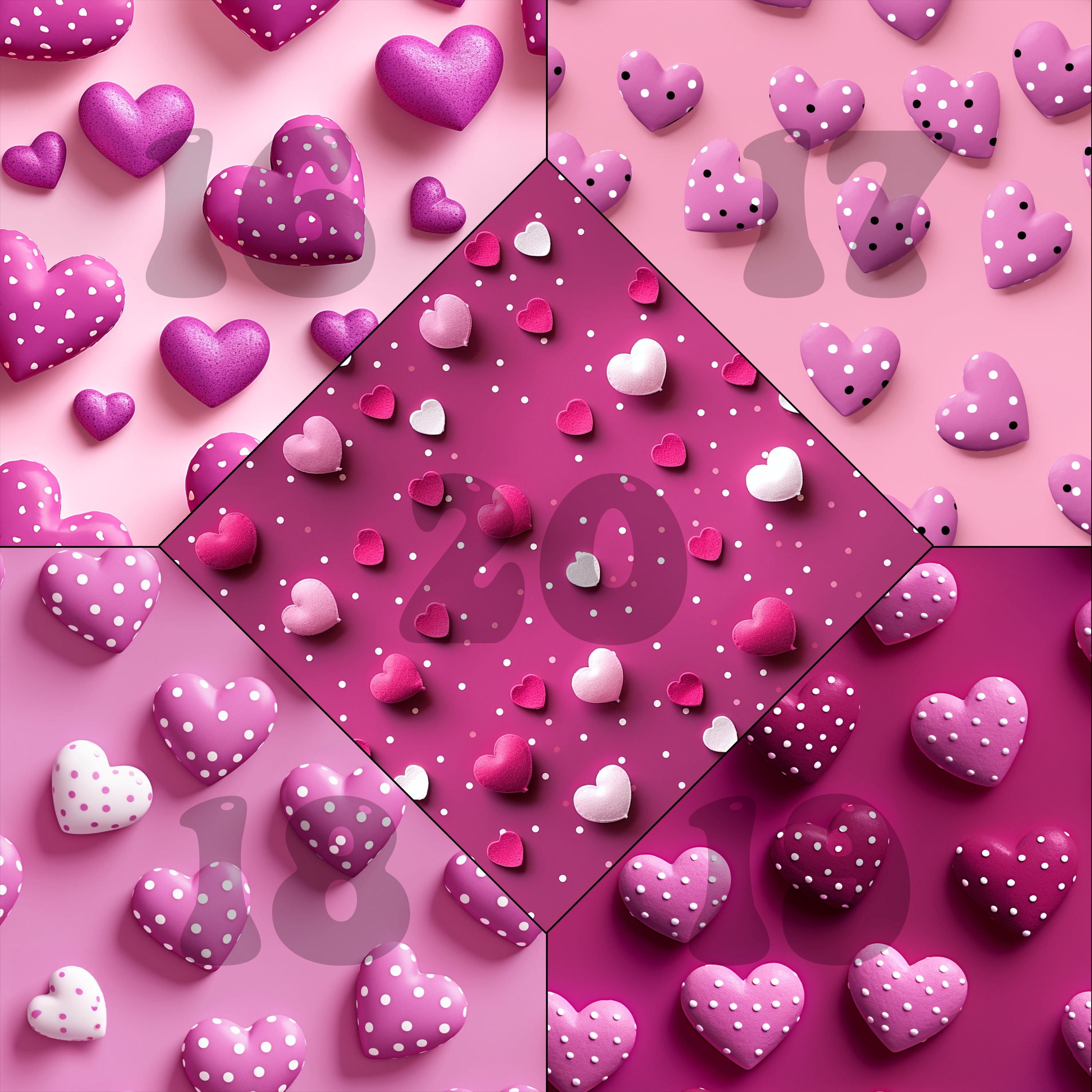 3D Hearts Valentine's Day Digital Paper Pack of 20 Png Downloadable ...