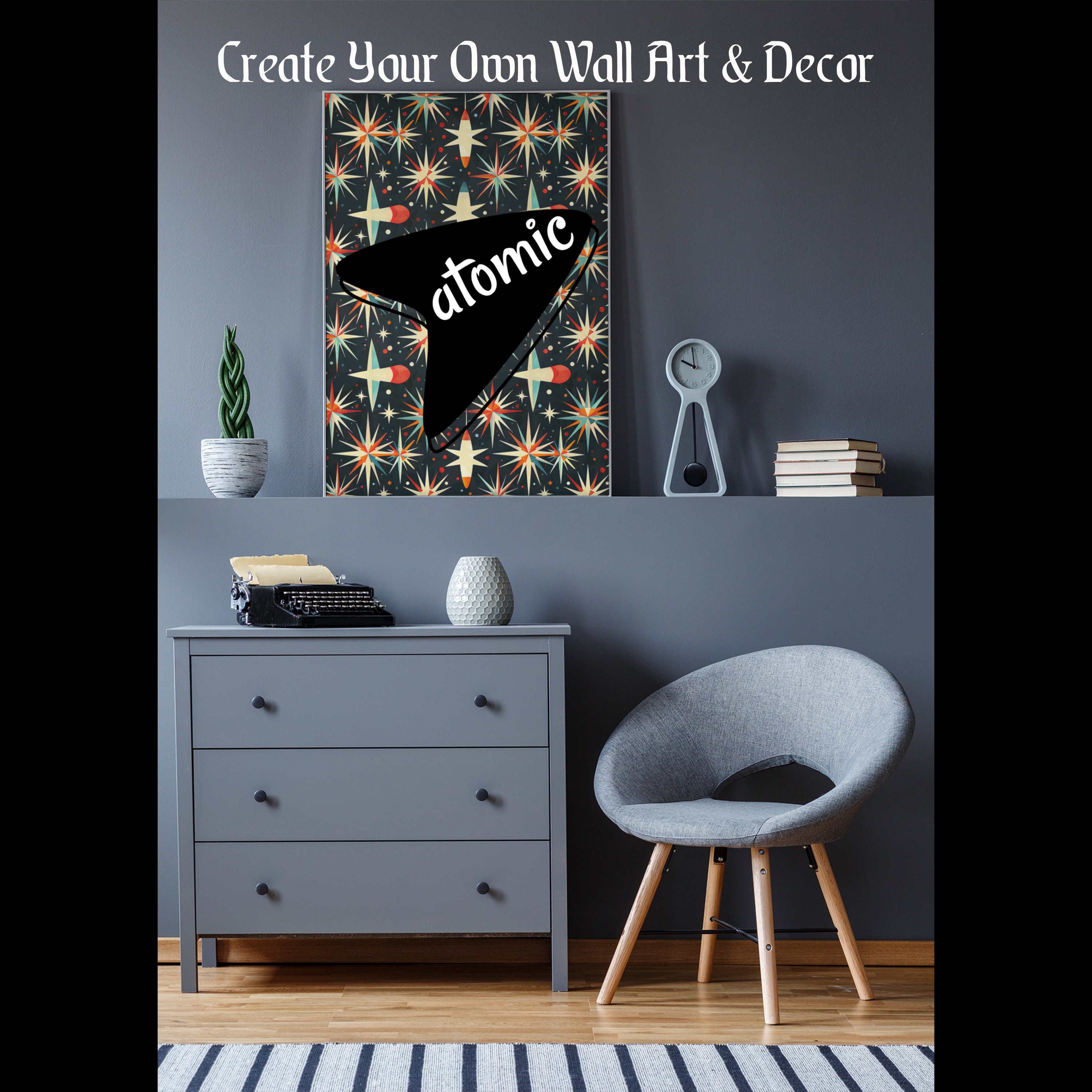 Mid-century Modern Dark Atomic Shapes Digital Paper Pack of 60 Retro ...