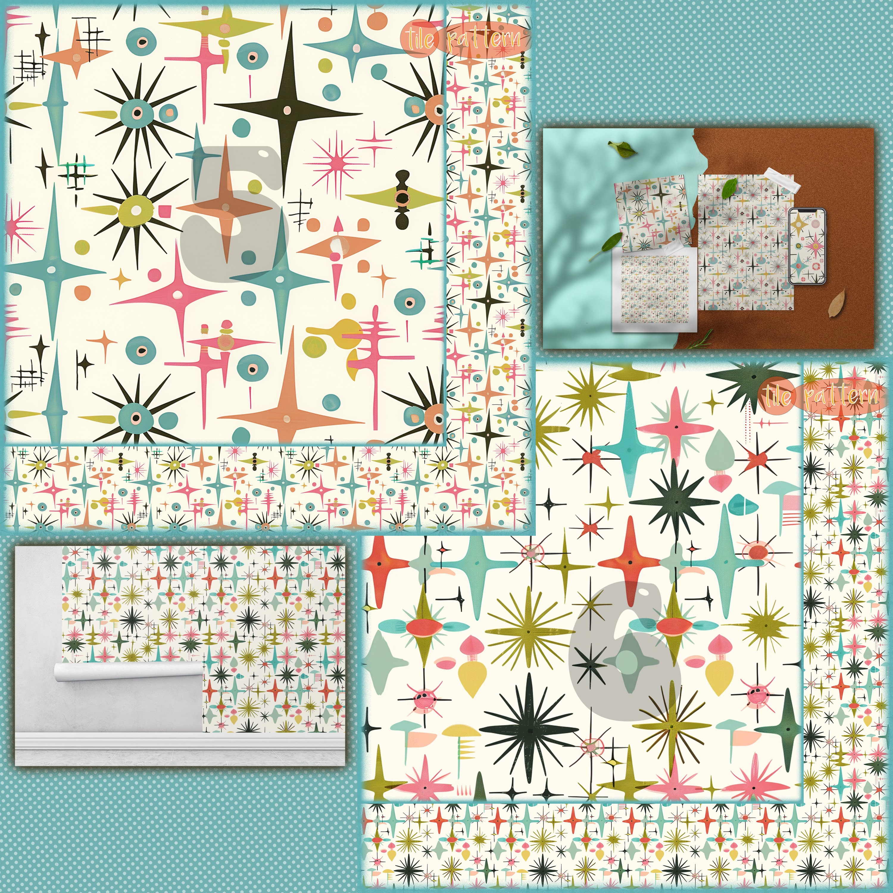 Mid-century Modern Bright Atomic Shapes Digital Paper Set of 20 Retro ...