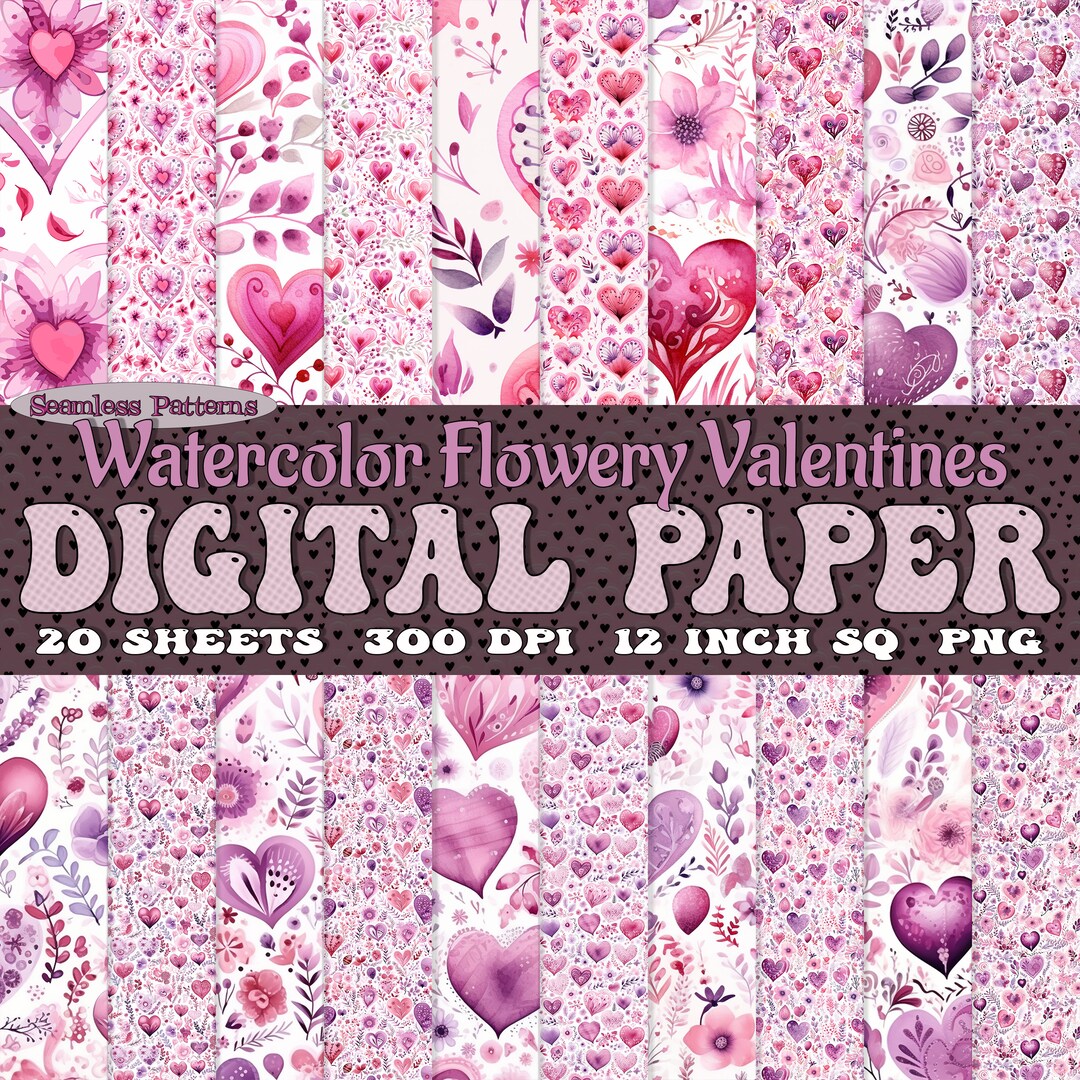 Watercolor Flowery Valentine Hearts Digital Paper Pack of 20 Png 300 ...
