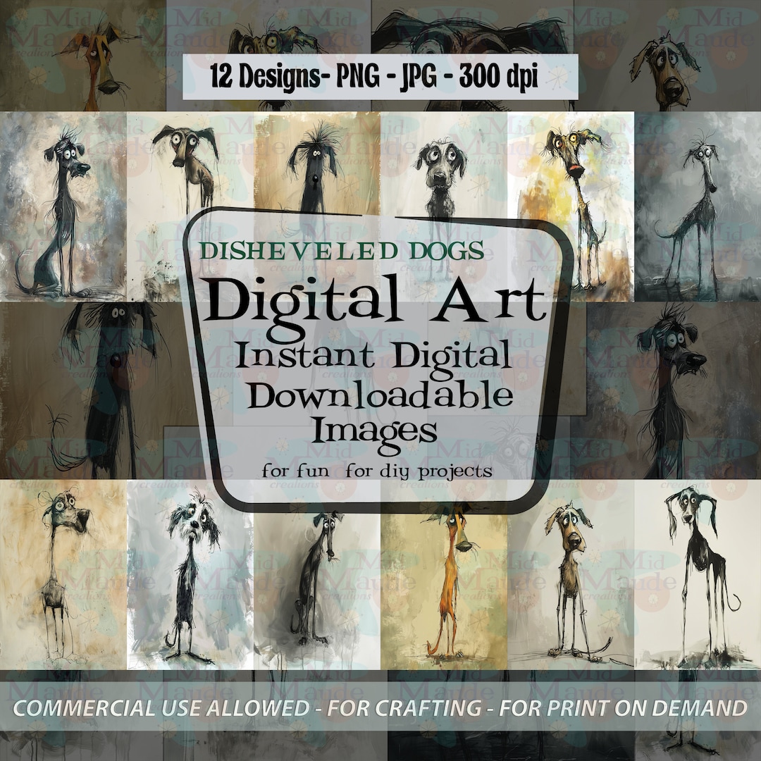 Disheveled Dogs Scribble Art Set of 12 Digital Images in Portrait and ...