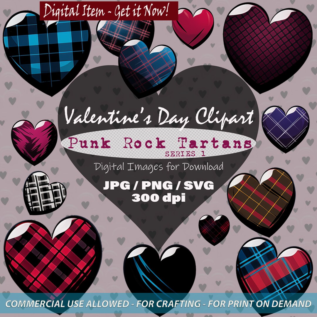Valentine's Day Clipart, Punk Rock Tartan Hearts SVG Images for Gen X ...