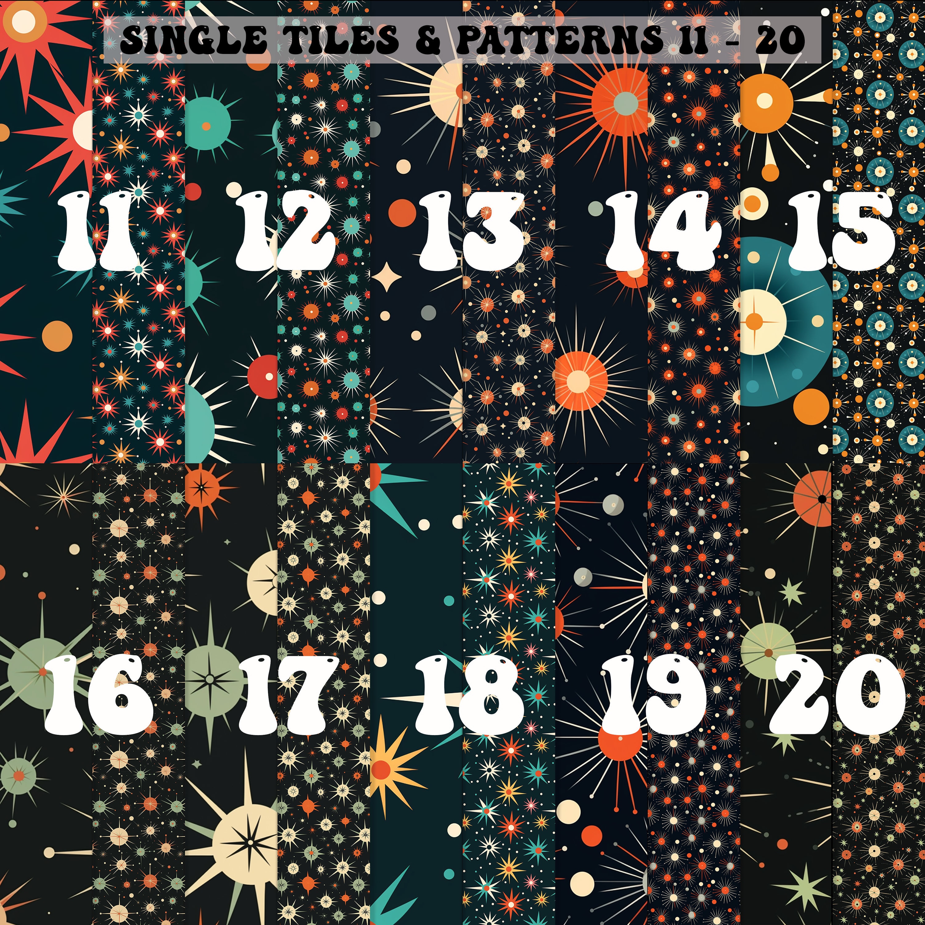 Mid-century Modern Dark Atomic Shapes Digital Paper Pack of 60 Retro ...
