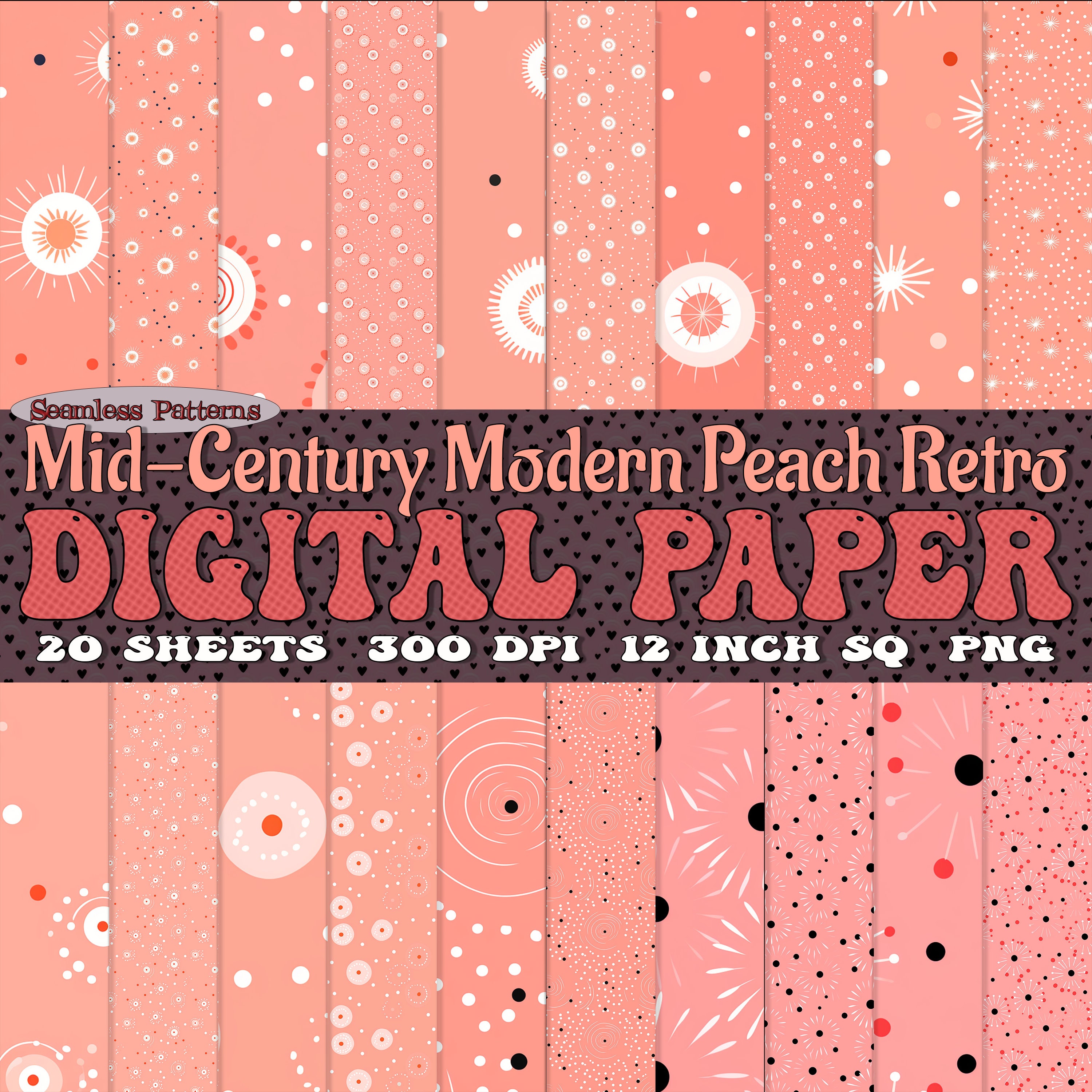 Retro Peach Mid-century Modern Digital Paper Pack of 20 Png ...