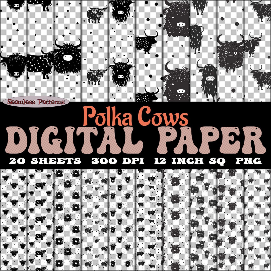 Polka Dot Highland Cows Digital Paper Set of 20 Downloadable Seamless ...