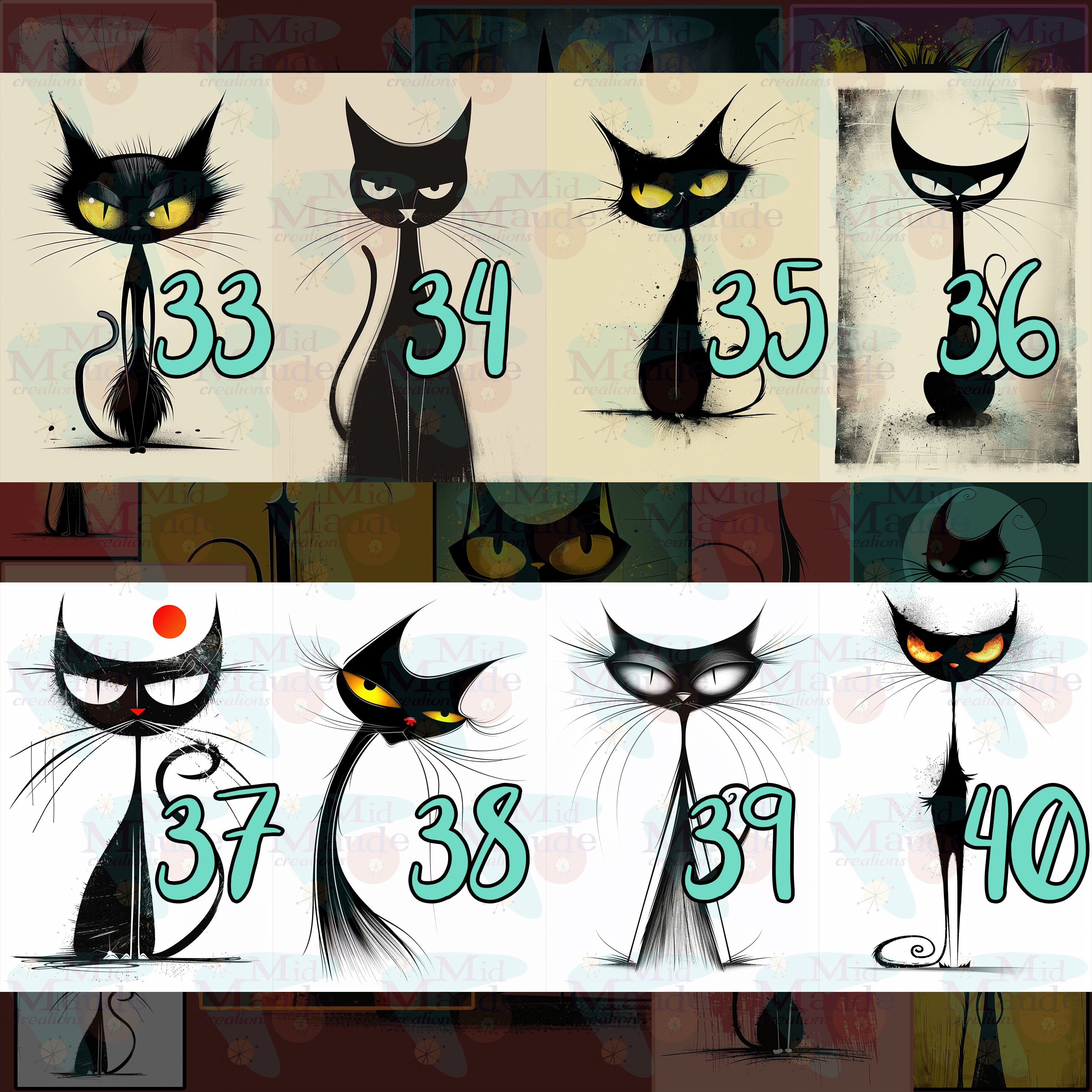 Atomic Cats Digital Art Images, Set of 40 Printable Googie Kitties Mid ...