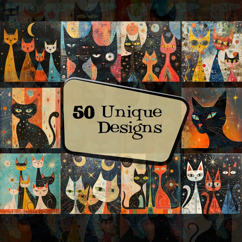 Mid-century Modern Mad Cats Mega Bundle Set of 50 PNG Downloadable ...