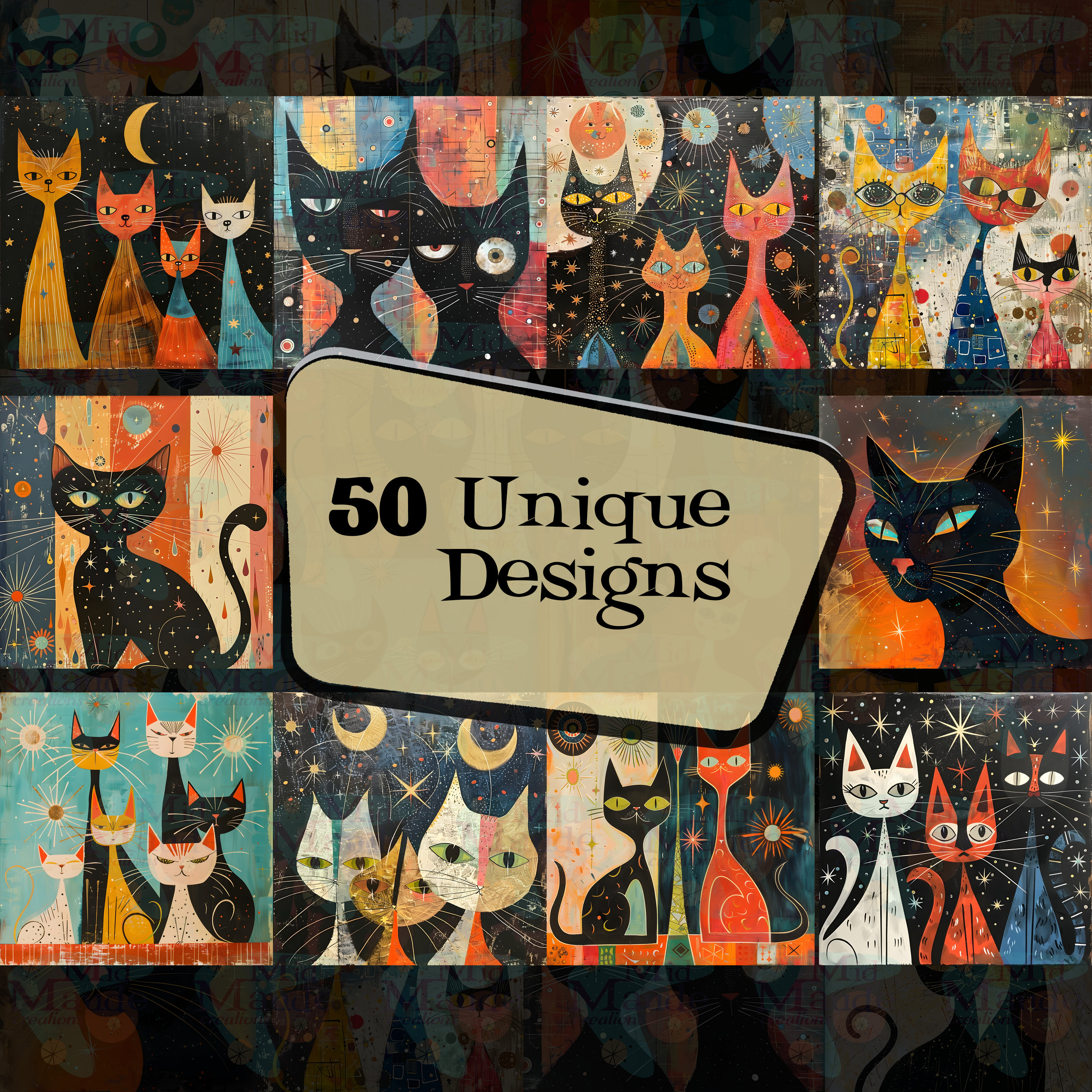 Mid-century Modern Mad Cats Mega Bundle Set of 50 PNG Downloadable ...