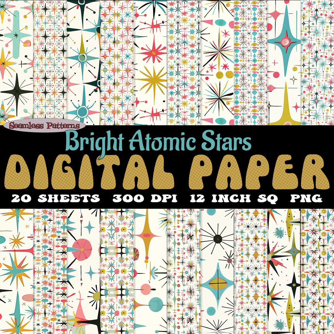 Mid-century Modern Bright Atomic Stars Digital Paper Set of 20 Retro ...