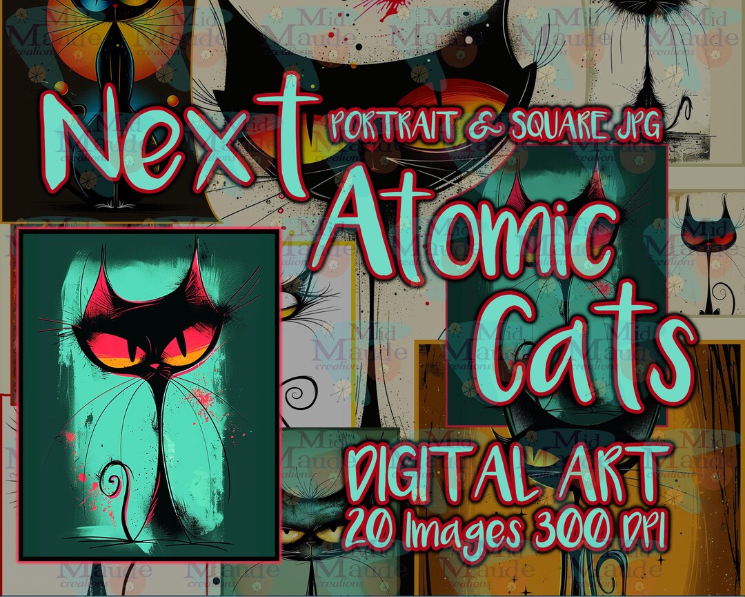 Next Atomic Cats Set of 20 Digital Images, Printable Bundle Mid-century ...