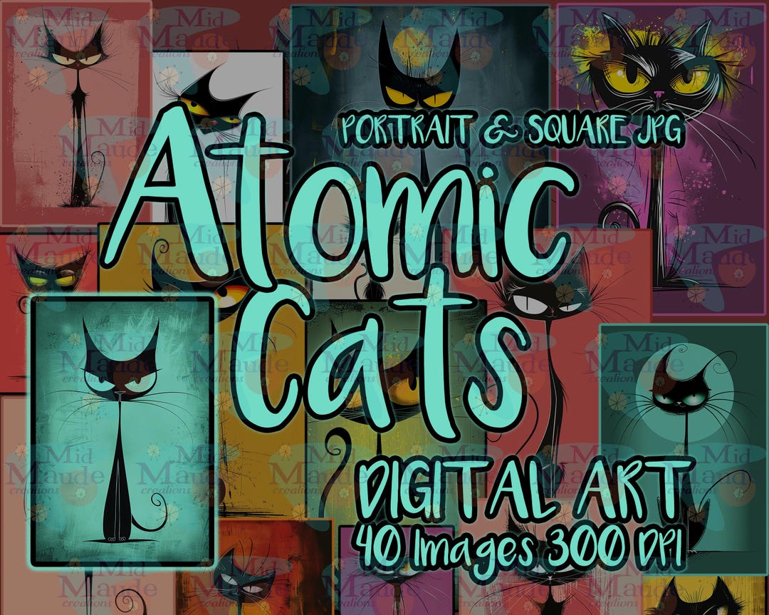 Atomic Cats Digital Art Images, Set of 40 Printable Googie Kitties Mid ...