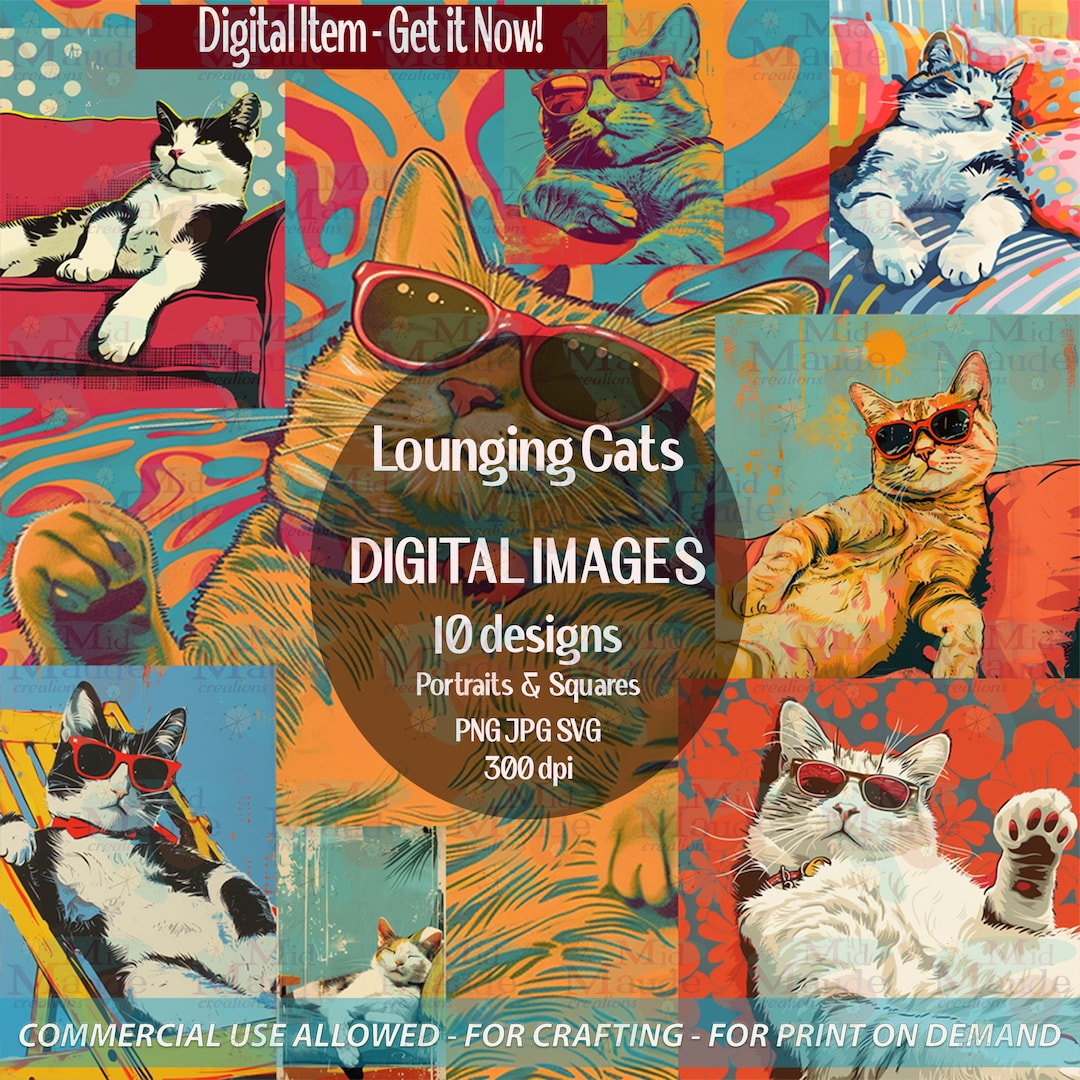 Lounging Cats Set of 10 Digital Png Images Printable SVG Bundle | for ...
