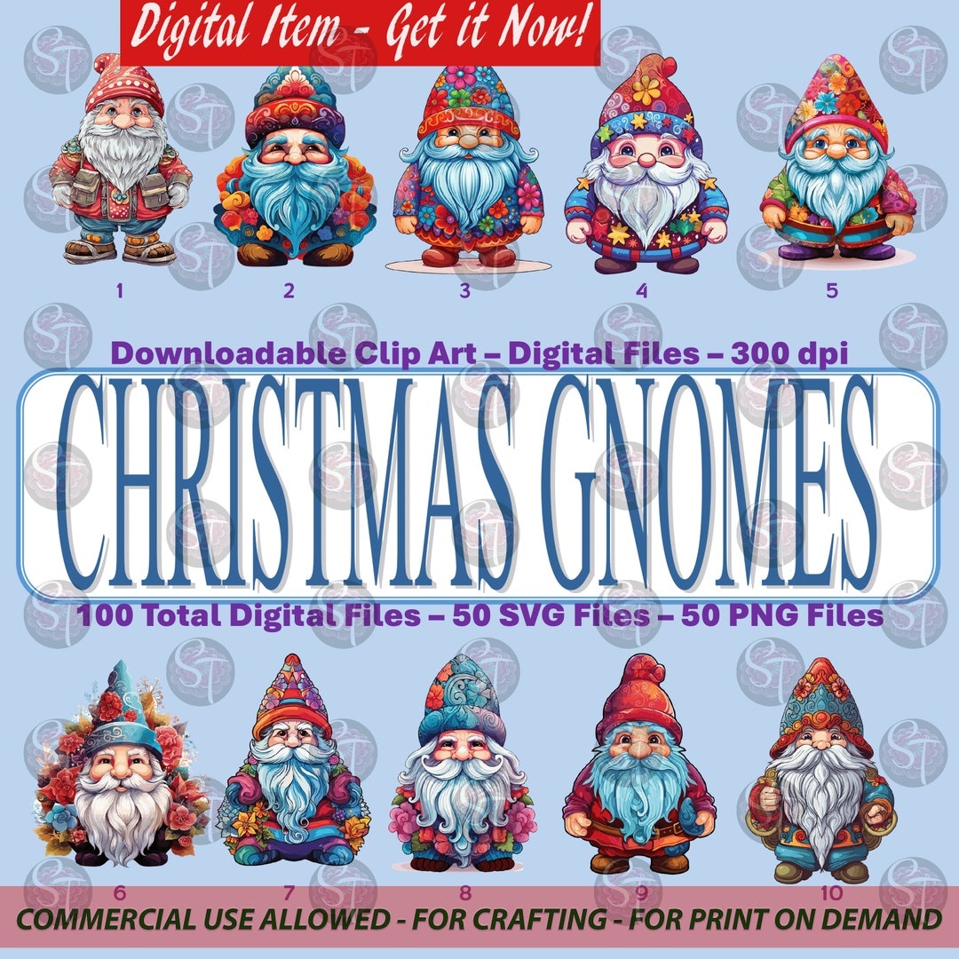 Christmas Clipart Bundle Garden Gnomes 50 SVG 50 PNG Digital Download ...