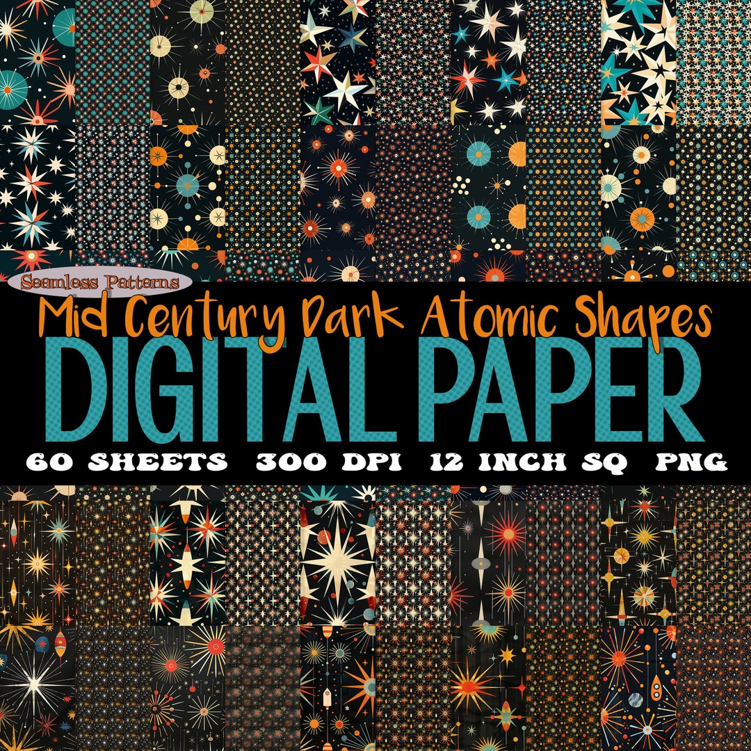 Mid-century Modern Dark Atomic Shapes Digital Paper Pack of 60 Retro ...