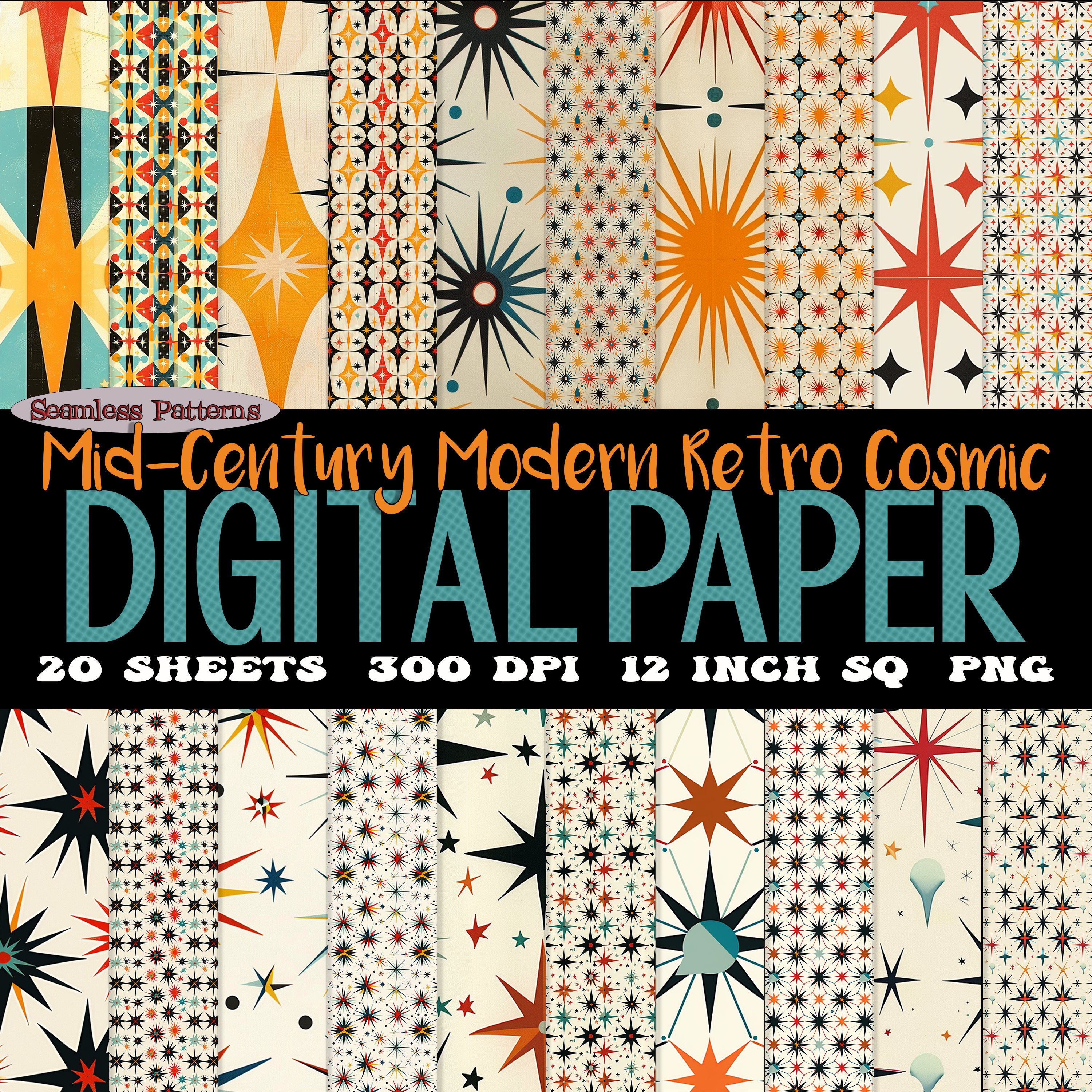 Mid-century Modern Retro Cosmic Digital Paper Pack of 20 Retro Png ...