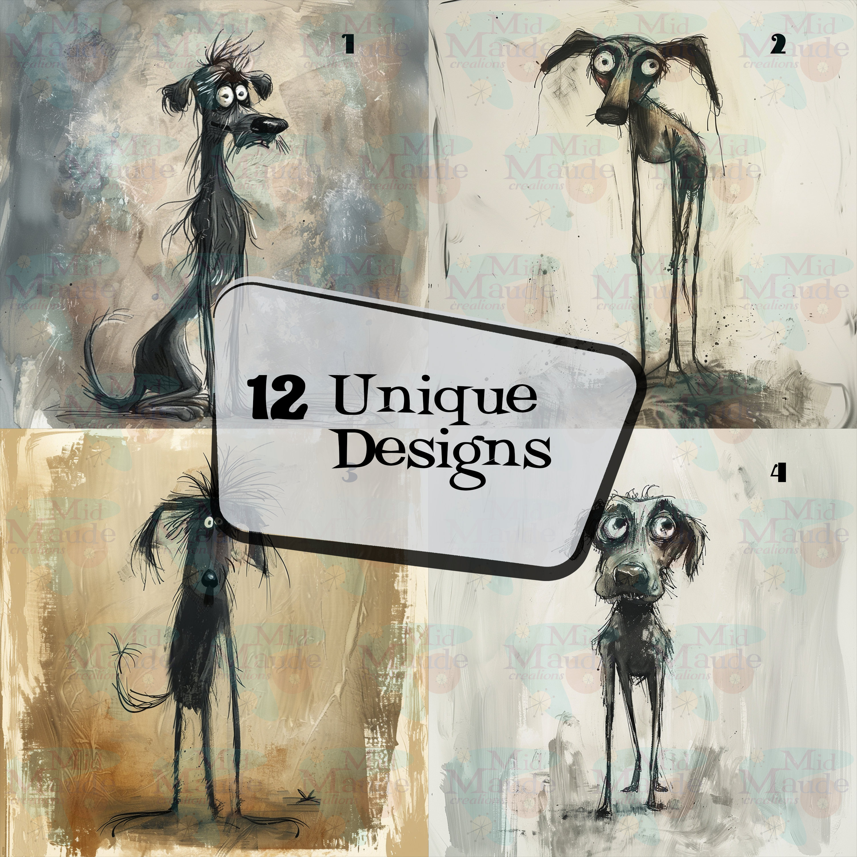 Disheveled Dogs Scribble Art Set of 12 Digital Images in Portrait and ...