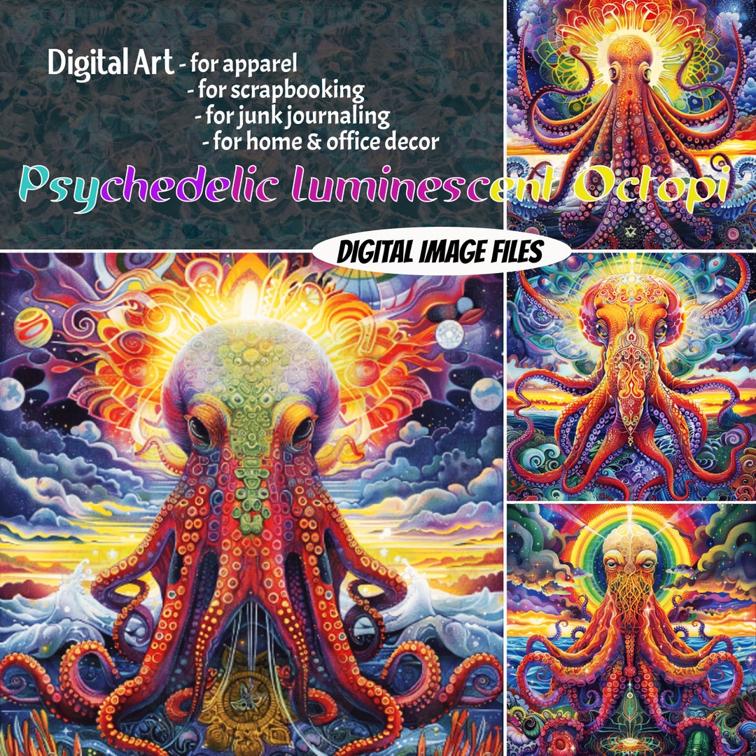 Psychedelic Luminescent Octopi Set of 4 Digital Downloadable Images ...