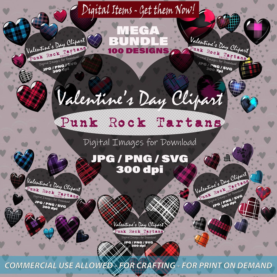 Valentine Punk Rock Tartan Hearts Mega Bundle of 100 Downloadable PNG ...