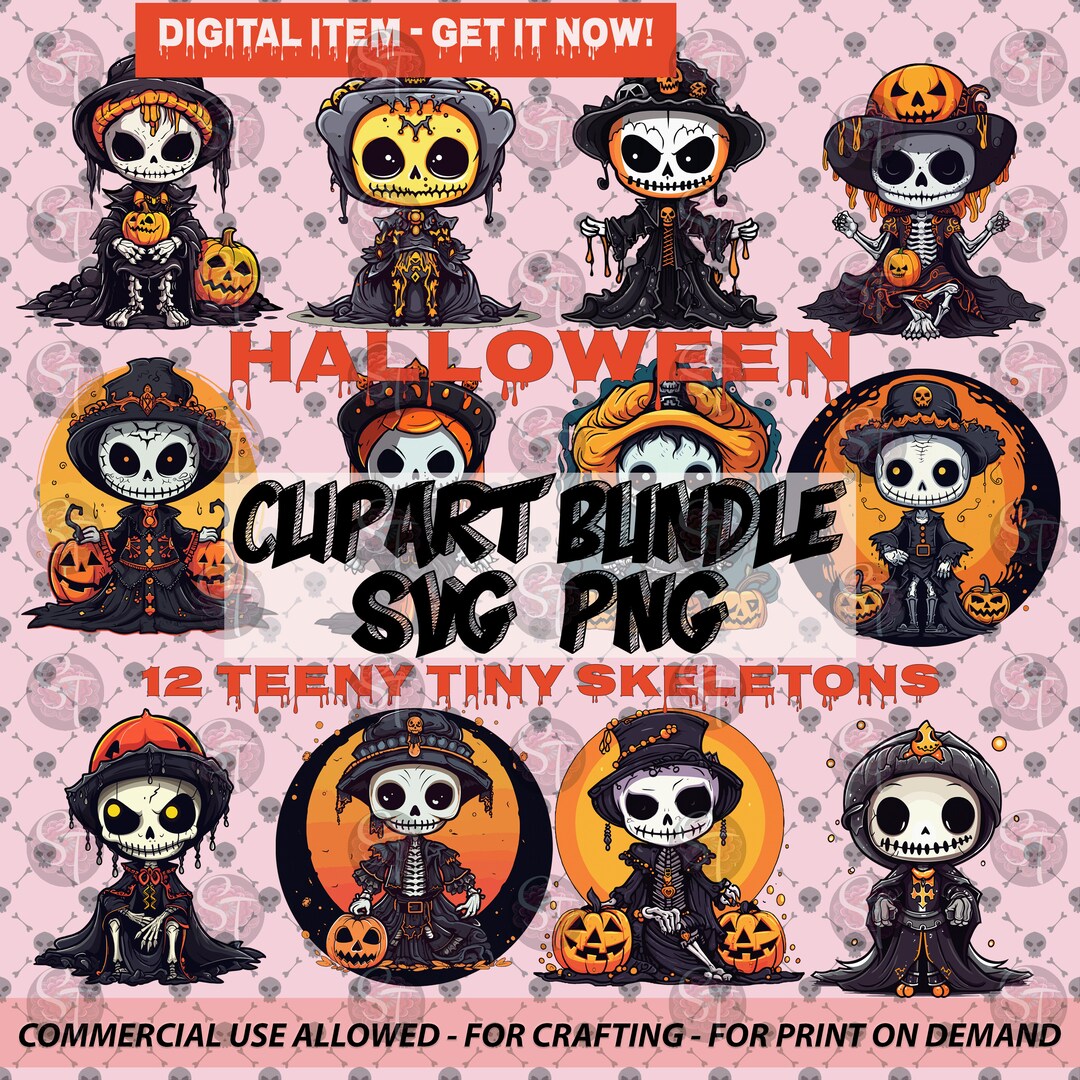 Teeny Tiny Skeletons Clipart Bundle 12 Downloadable Digital Png Svg ...