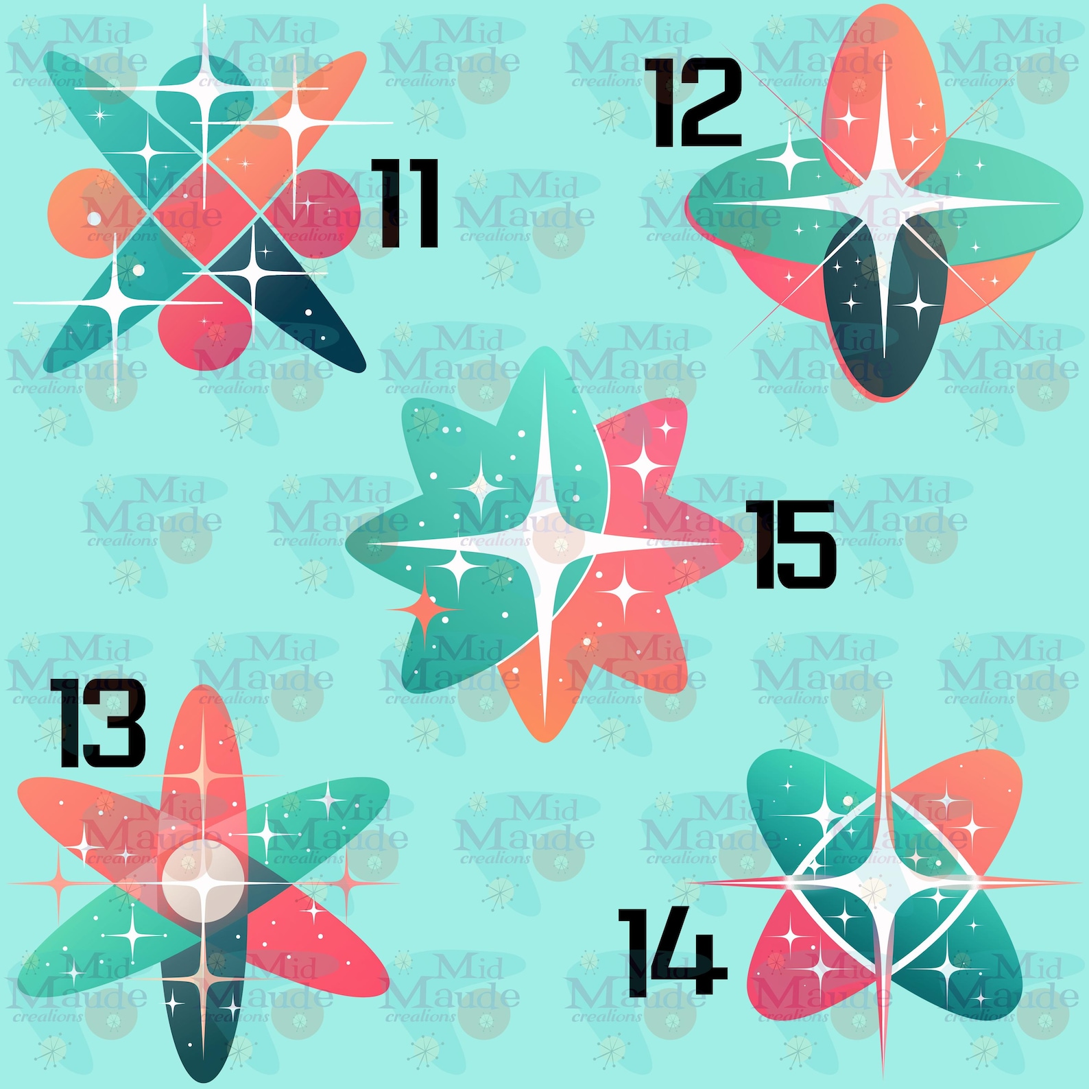 Atomic Stars Mid-century Modern Clipart Images, Set of 25 Png Space Age ...