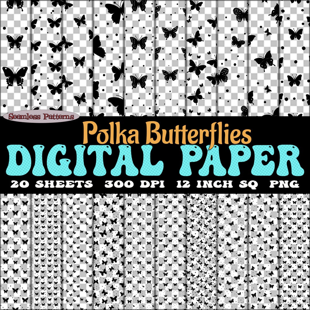 Polka Dot Black Butterflies Digital Paper Set of 20 Downloadable ...