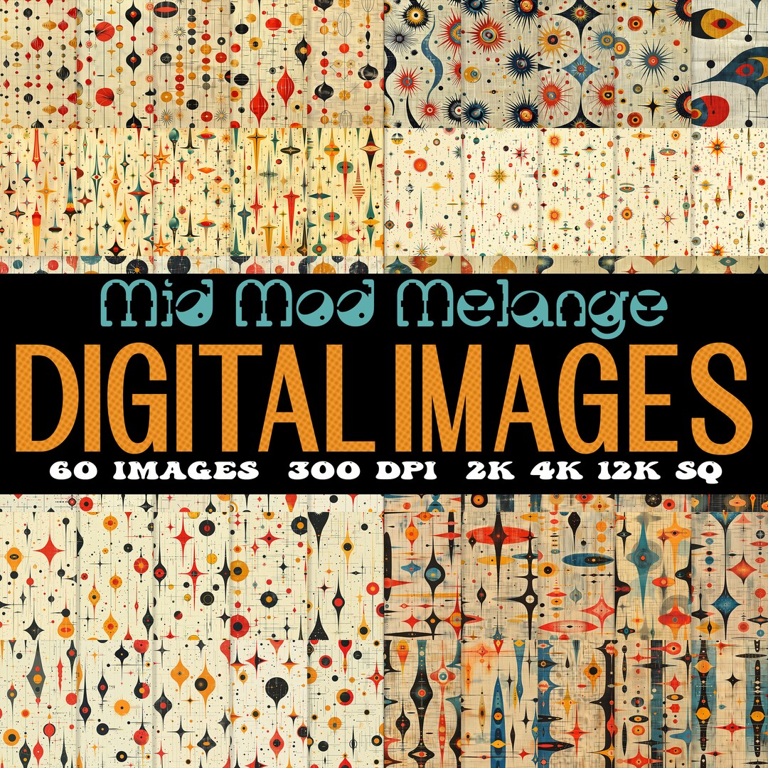 Set of 60 Mid-century Modern Retro Images PNG Bundle | for Printing ...