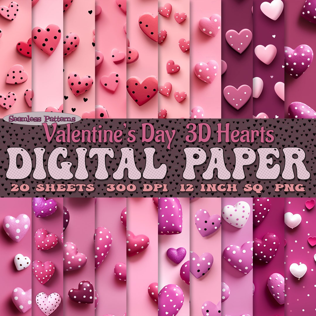 3D Hearts Valentine's Day Digital Paper Pack of 20 Png Downloadable ...