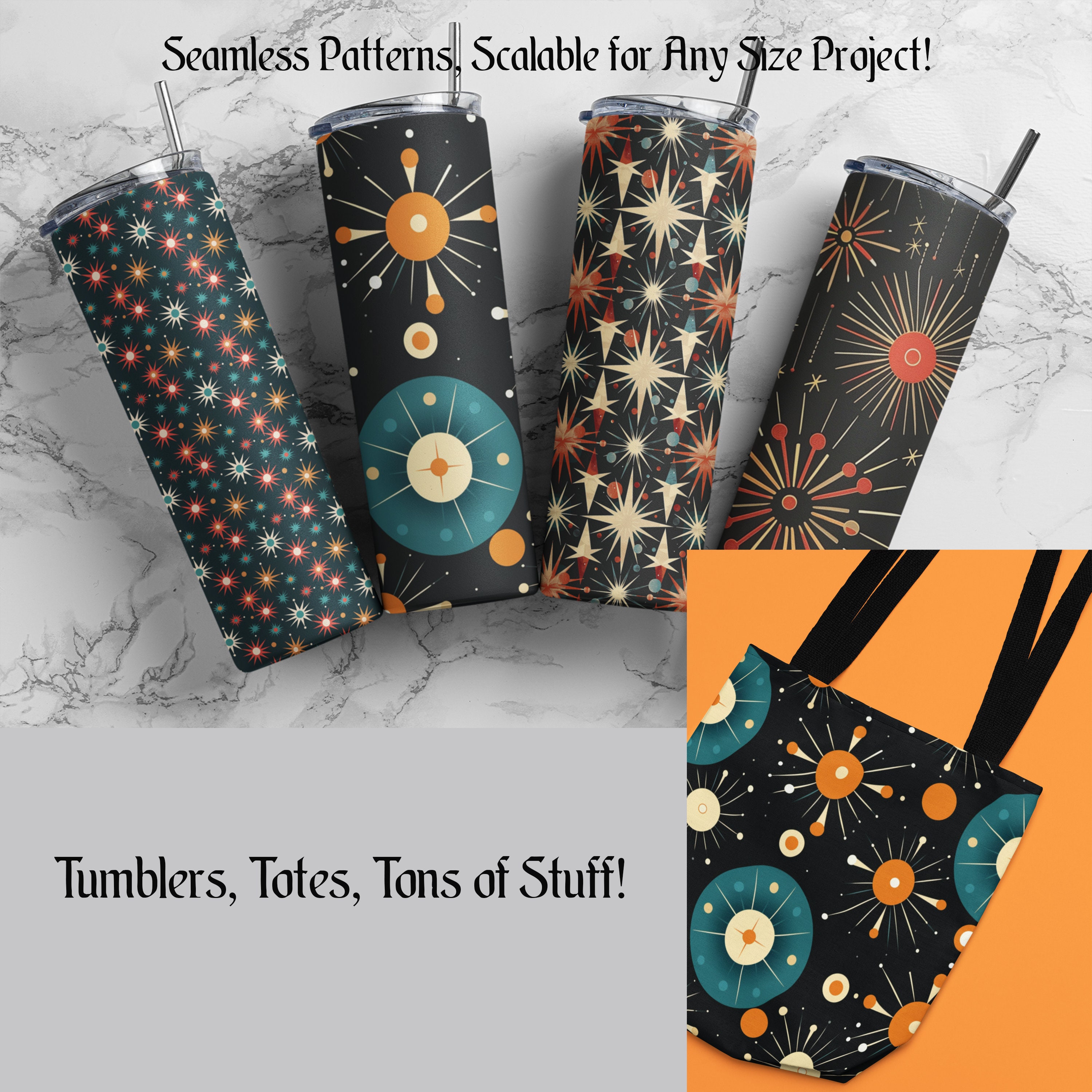 Mid-century Modern Dark Atomic Shapes Digital Paper Pack of 60 Retro ...