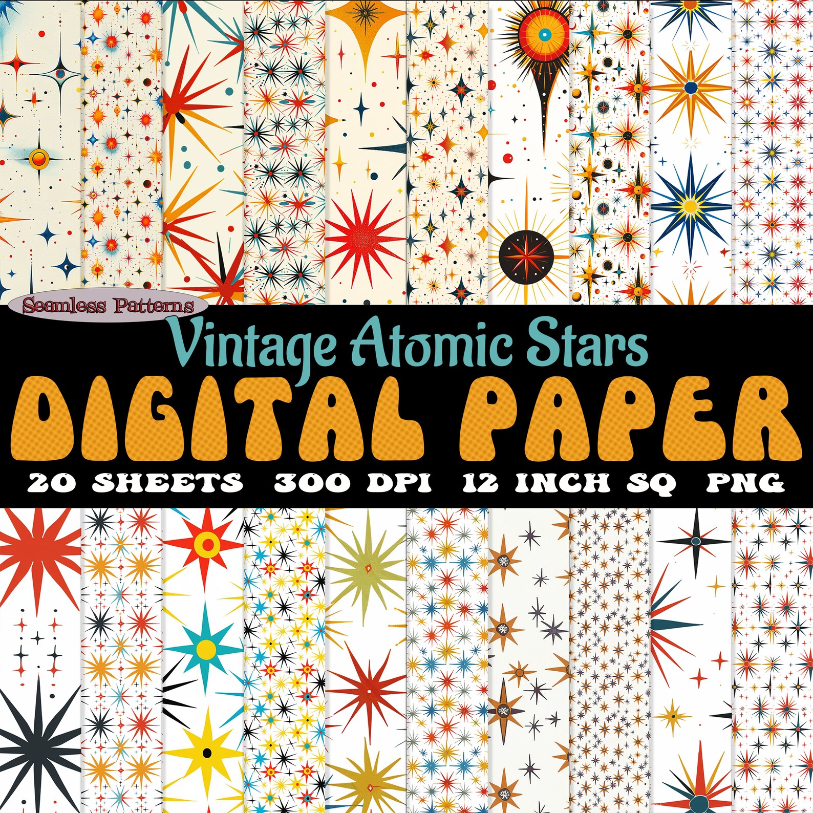 Mid-century Modern Vintage Atomic Stars Digital Paper Set of 20 Retro ...