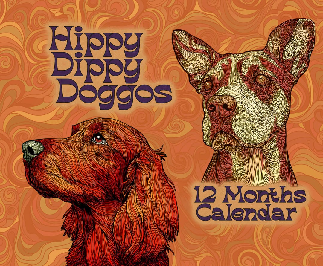 Hippy Dippy Doggos 2026 Wall Calendar in Groovy Psychedelic Style for ...