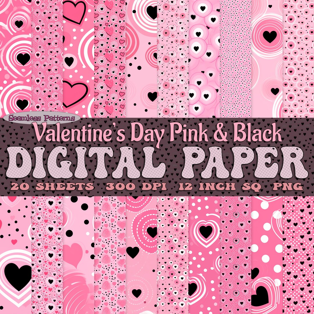 Pink & Black Hearts Valentine's Day Digital Paper Pack of 20 Png ...