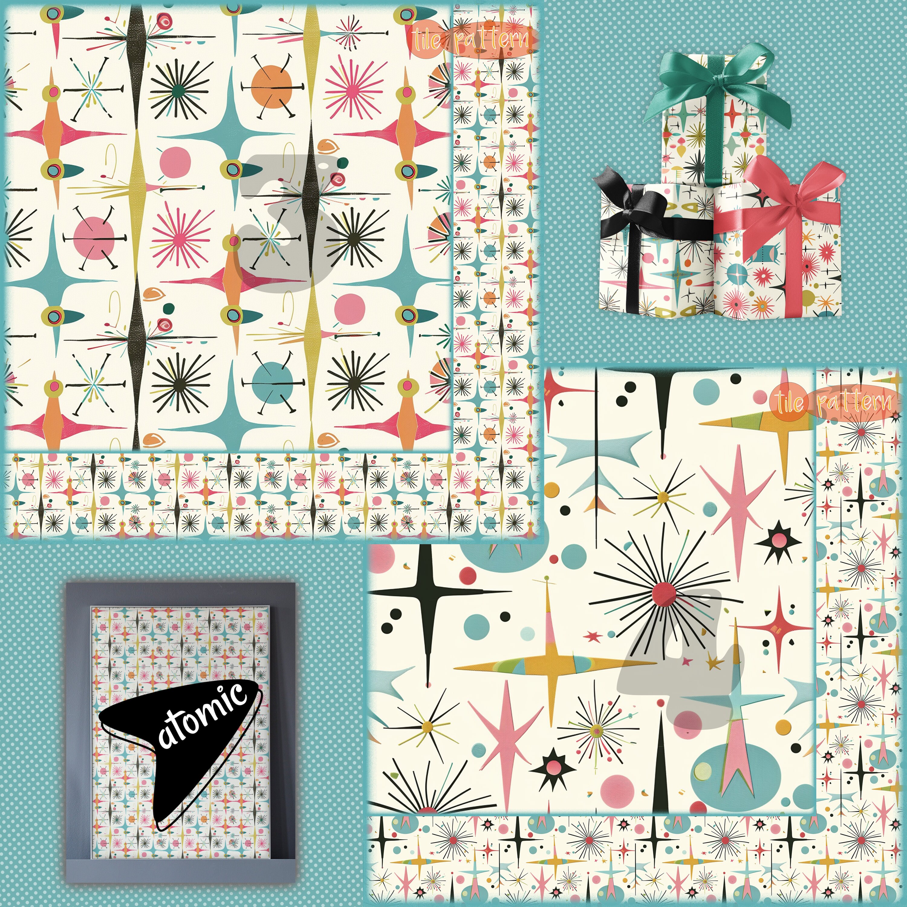 Mid-century Modern Bright Atomic Shapes Digital Paper Set of 20 Retro ...