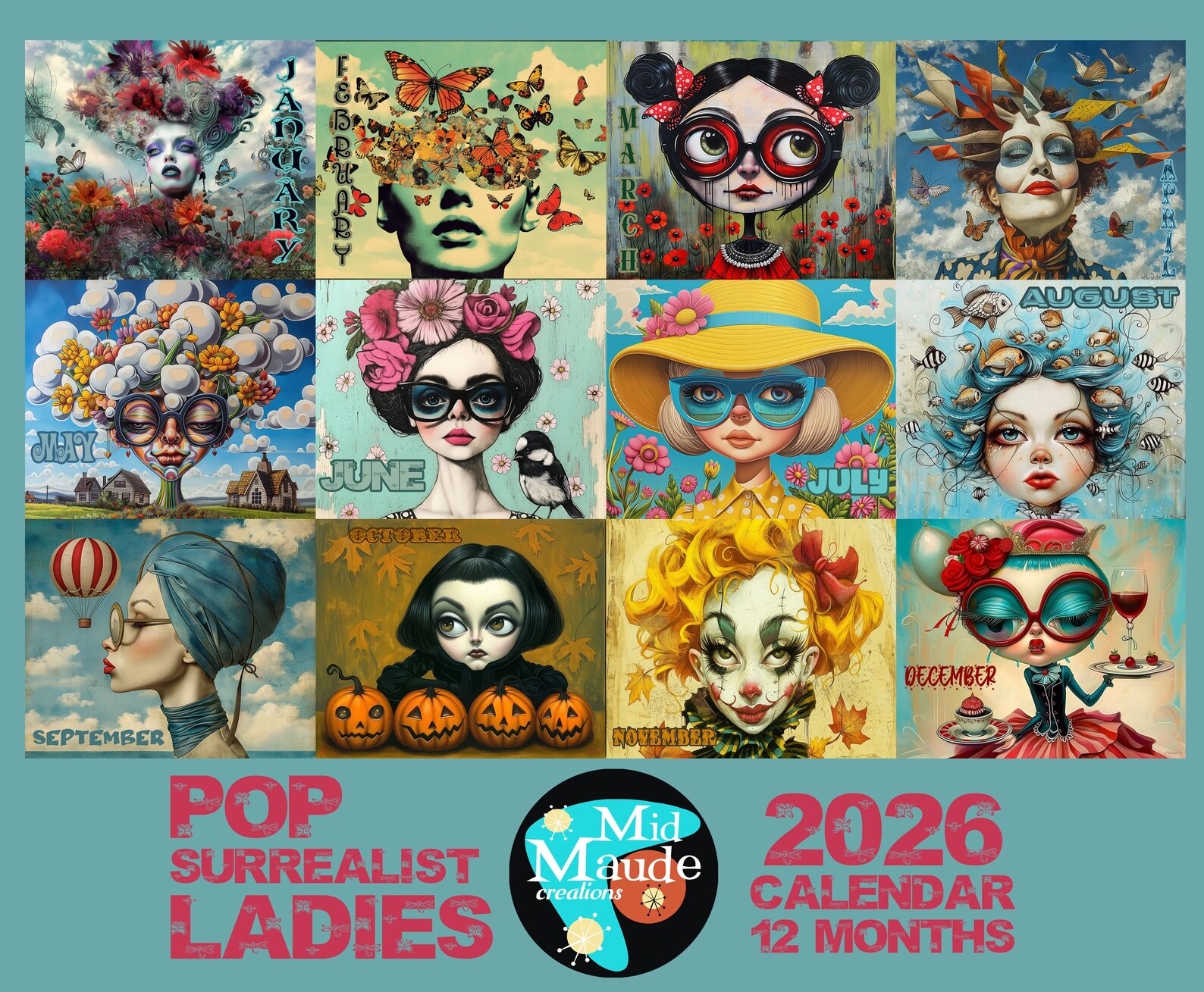 2026 Wall Calendar Pop Surrealist Ladies | Wild Whimsical Abstract Art ...