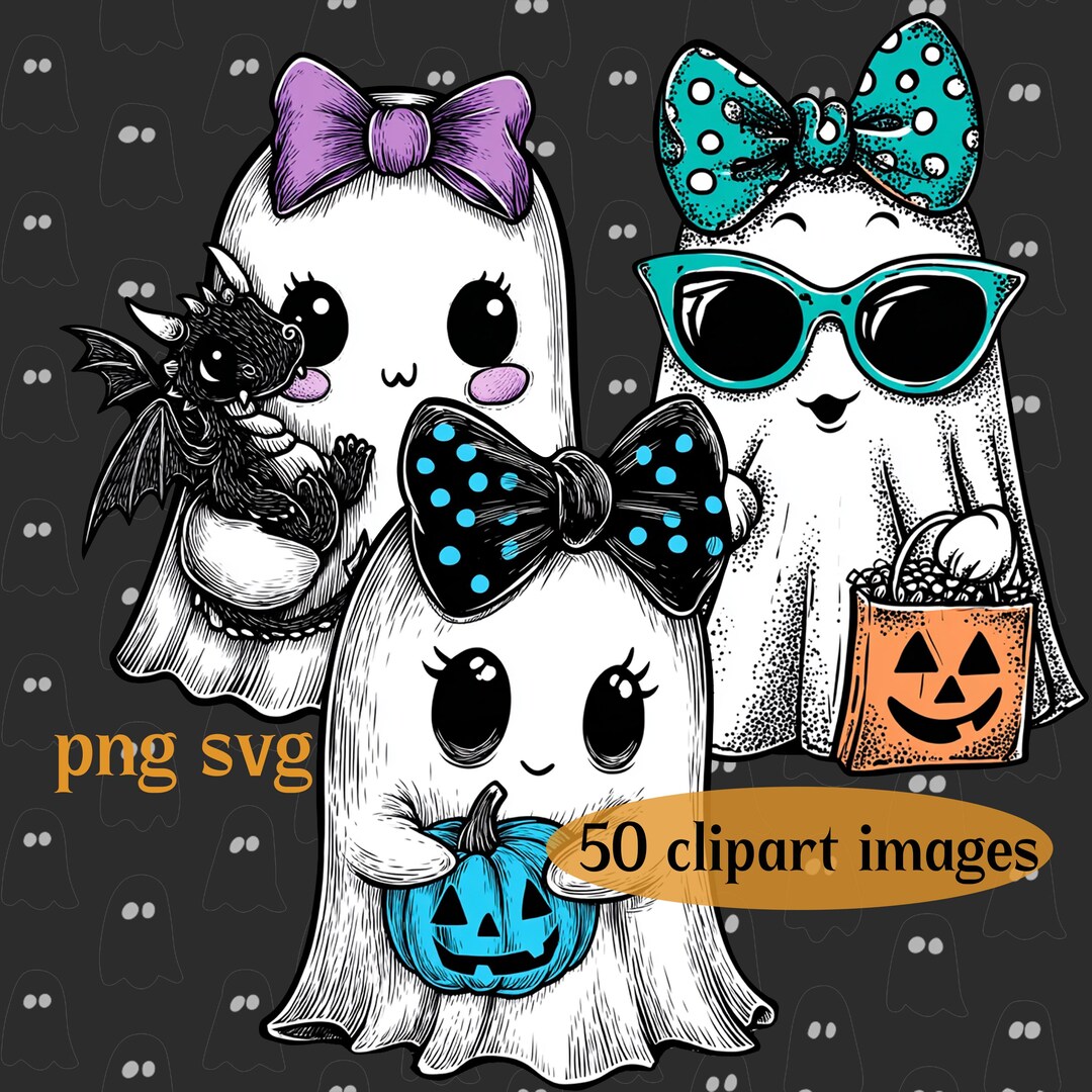 Coquette Ghosties Clipart Cute Girl Ghosts Wearing Colorful Bows ...