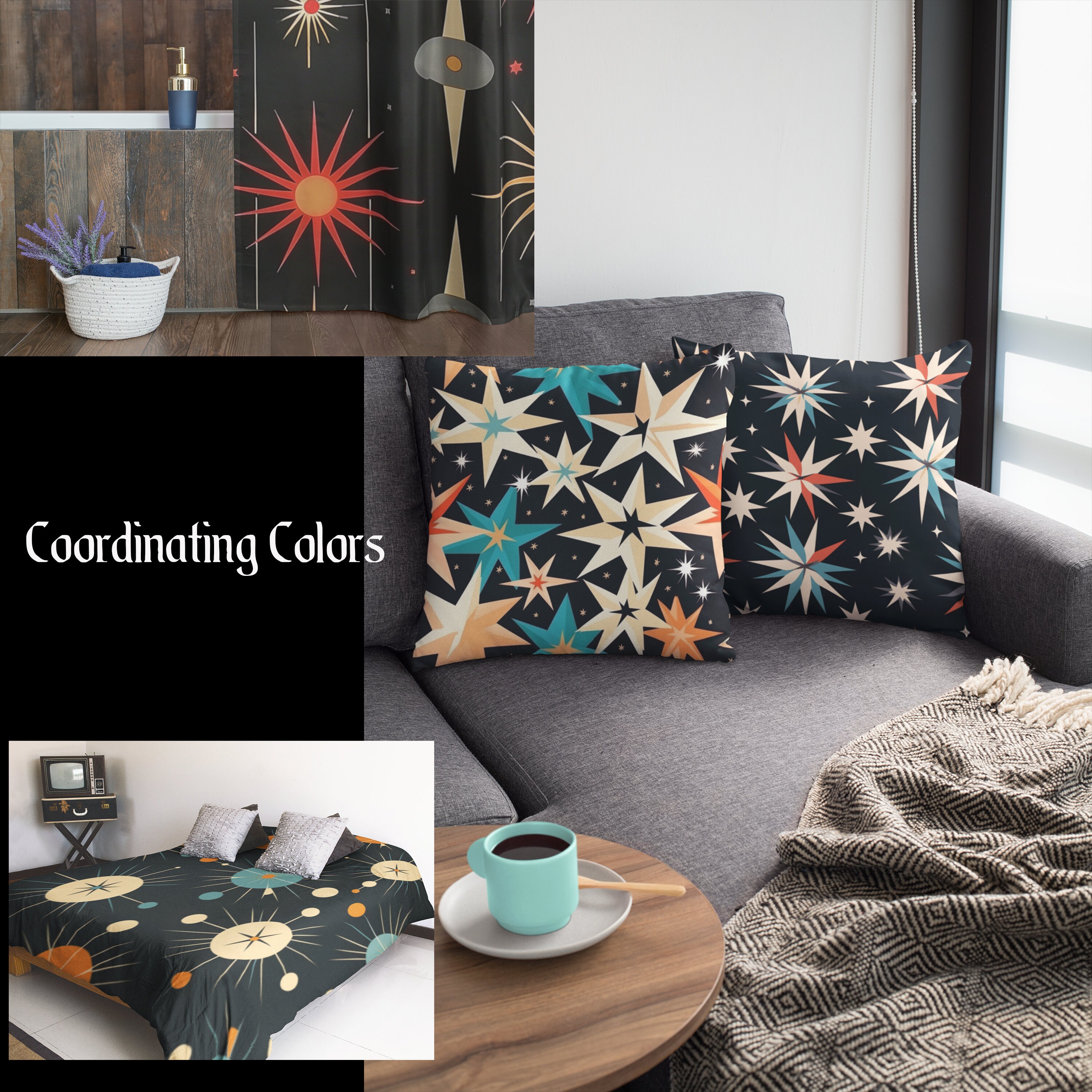 Mid-century Modern Dark Atomic Shapes Digital Paper Pack of 60 Retro ...