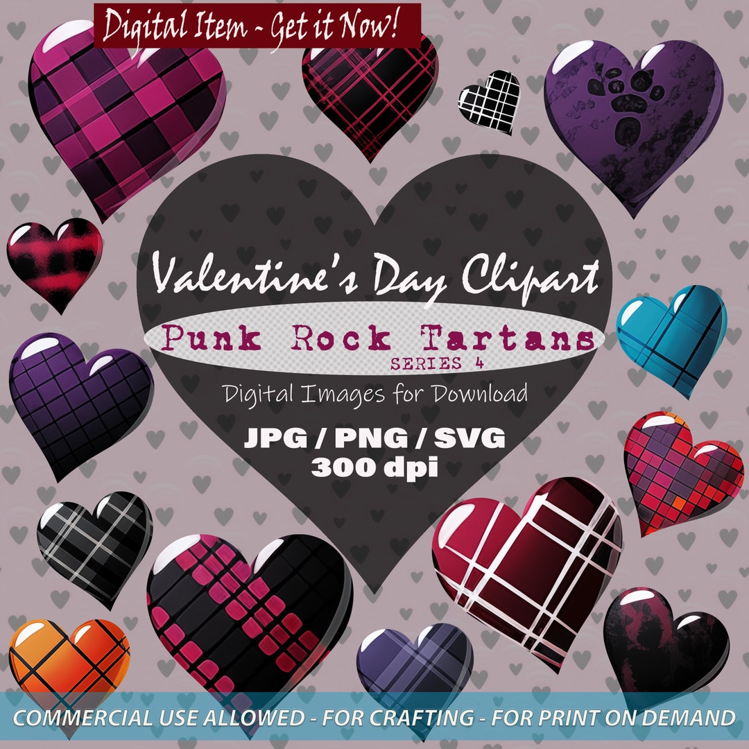 Valentine's Day Hearts Clipart, Punk Rock Tartan Heart-shaped SVG ...