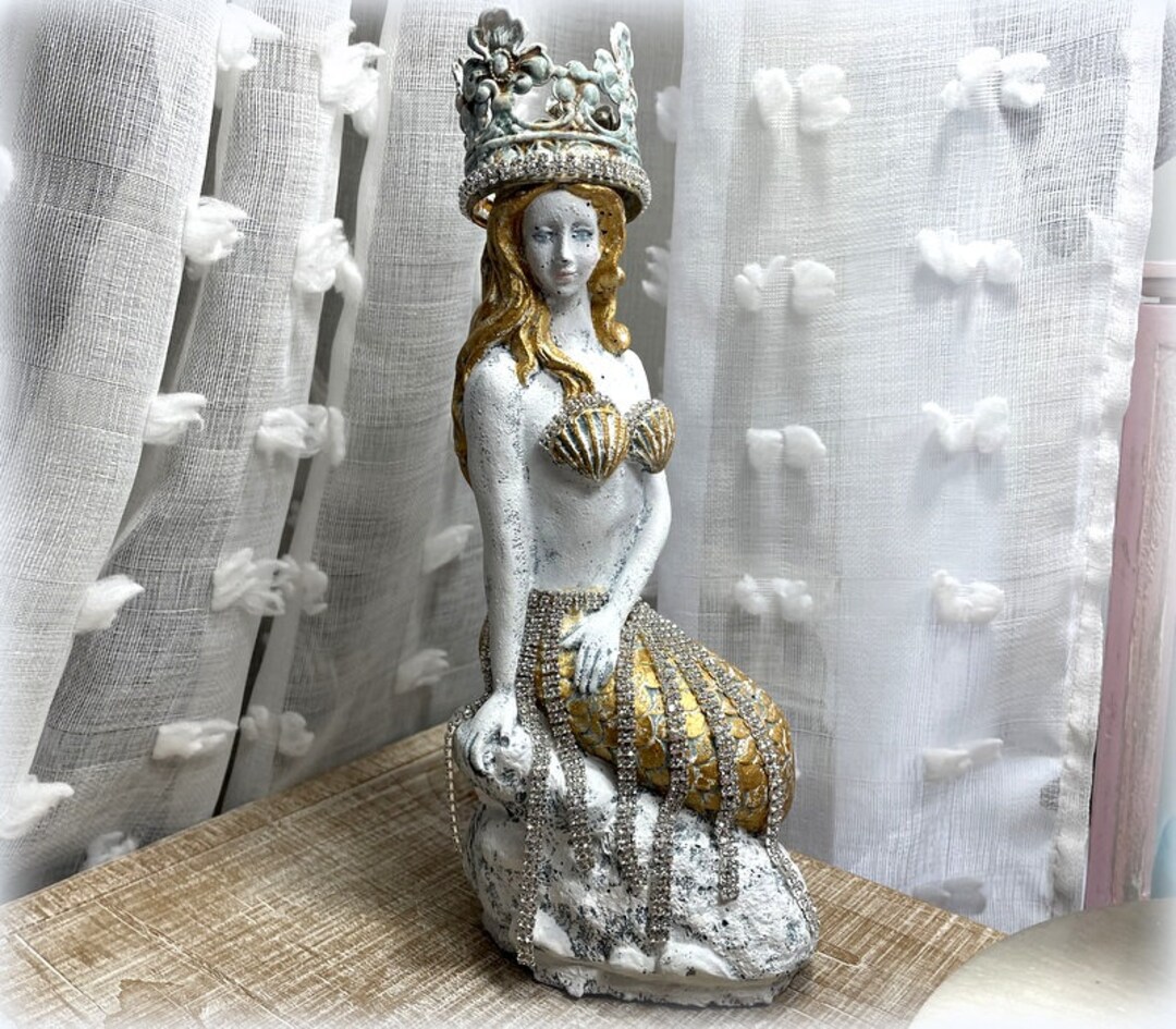 10" Cement Weathered Mermaid Statue Rhinestone Crown Jeweled Mermaid ...