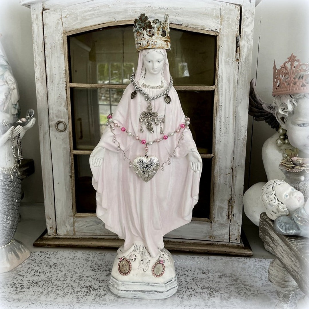 17" Jeweled Our Lady of Grace Statue W/ Crown Vintage Chalkware Statue ...