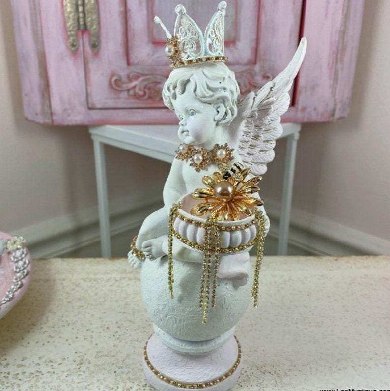 Shabby Chic Crowned Cherub Statue W/ BUMBLE BEE, Jeweled Pink and White ...