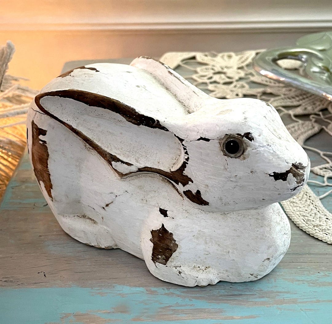 Chippy White Wood Rabbit French Country Rustic Farmhouse Bunny Rabbit ...