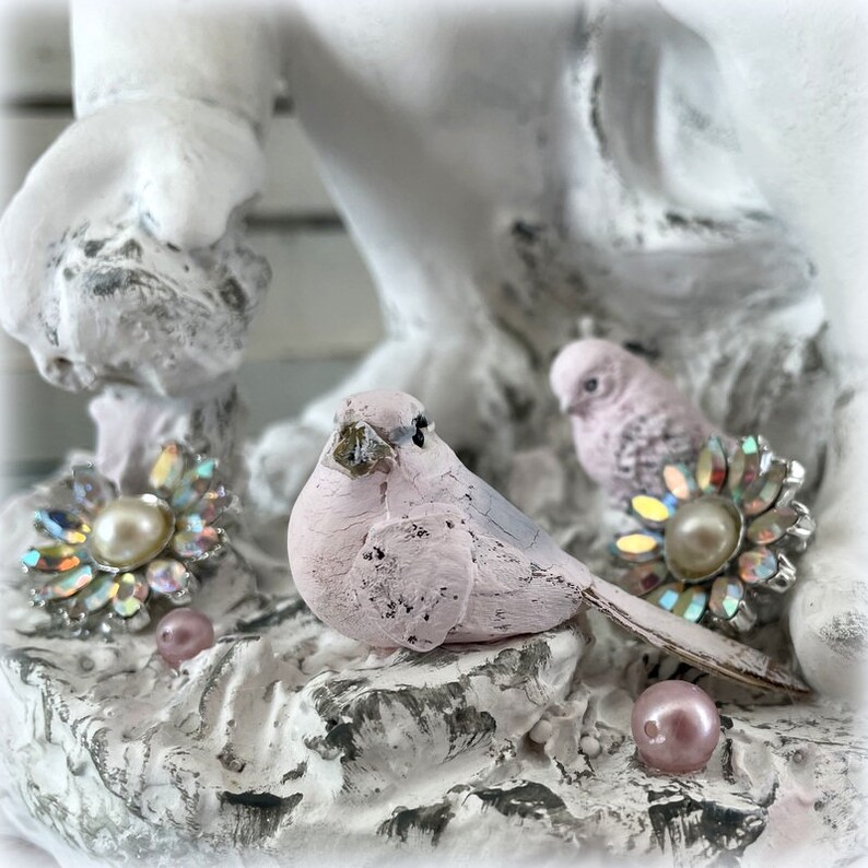 SHABBY Chic Cherub & Birds Statue, Pink and White, Rhinestone Crown ...