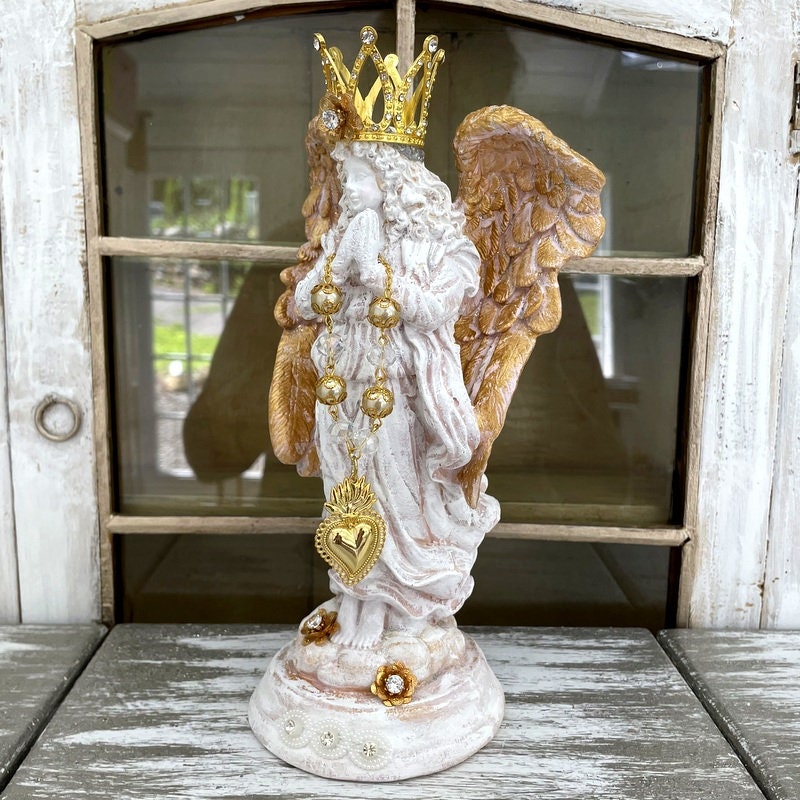 Crowned Praying Angel Statue Pink and Gold Wings Glass Prayer Beads ...