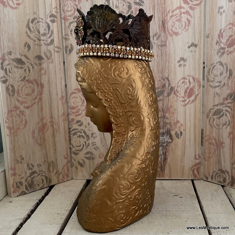 Rare Vintage Virgin Mary Statue Crowned Madonna JEWELED Rusty Crown ...
