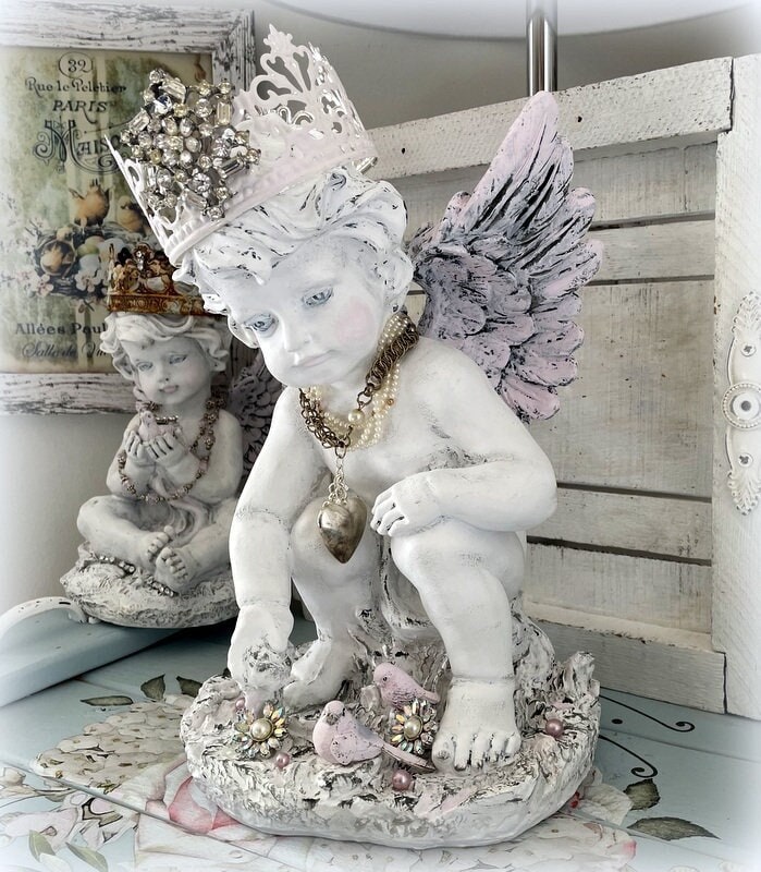 SHABBY Cherub & Birds Statue Cherub Pink Wings and Birds Rhinestone ...