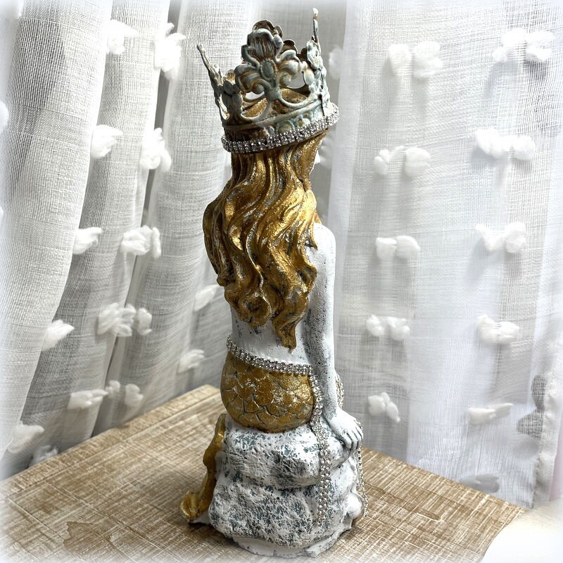 10 Cement Weathered Mermaid Statue Rhinestone Crown Jeweled Mermaid ...